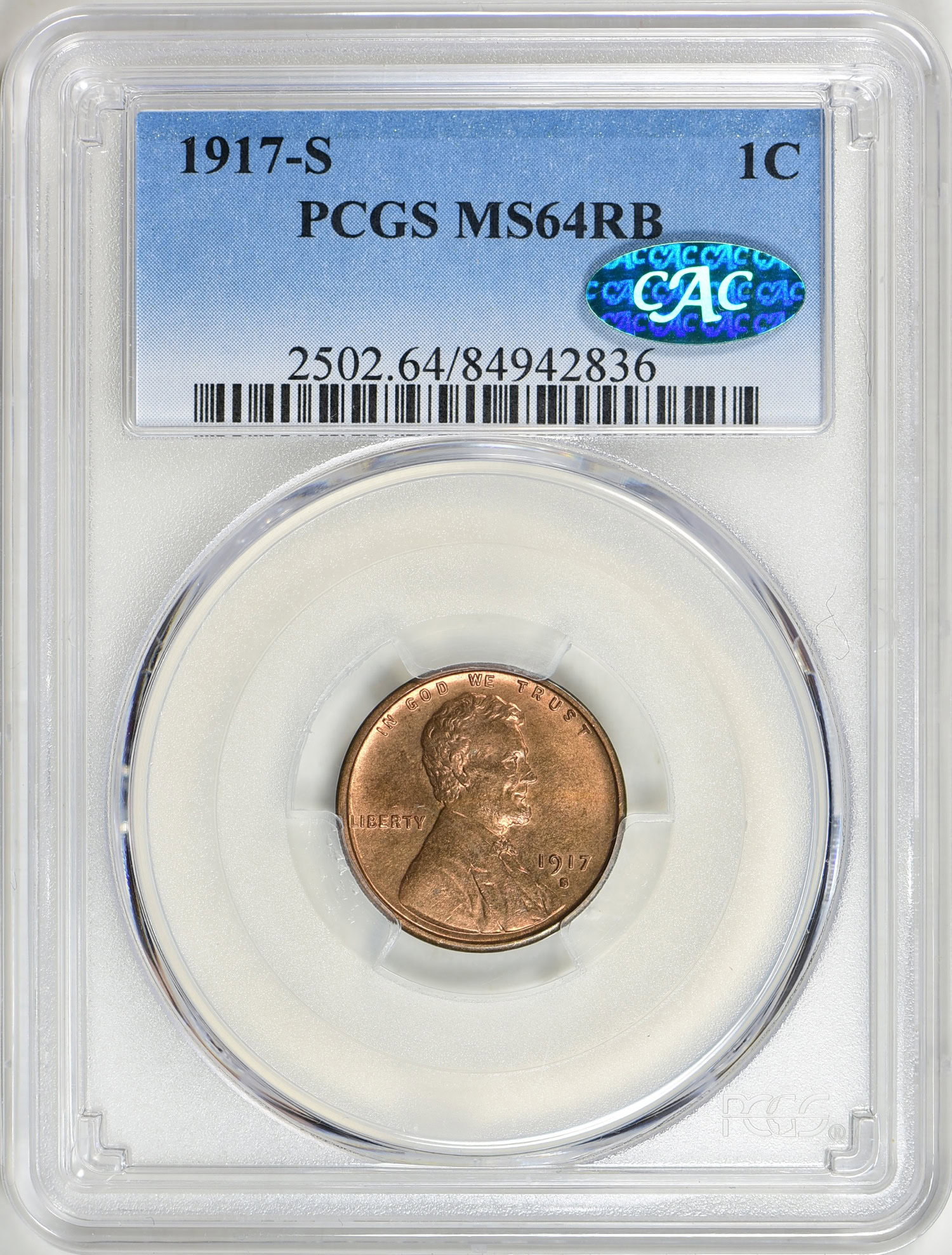 1917-S Lincoln Cent PCGS MS-64 RB (CAC Green) (Item 1766647) | GreatCollections Coin Auctions