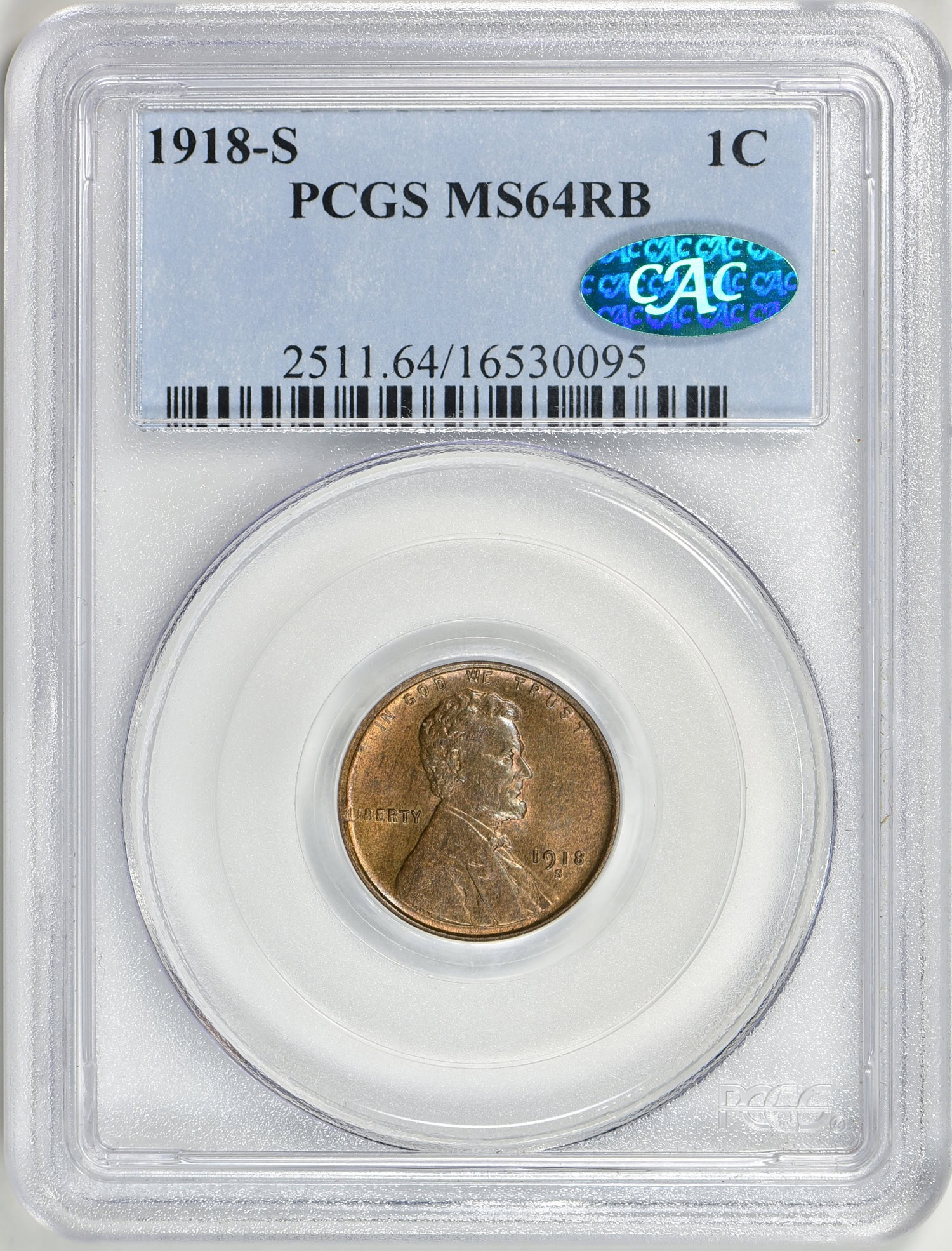 1918-S Lincoln Cent PCGS MS-64 RB (CAC Green) (Item 1766649) | GreatCollections Coin Auctions