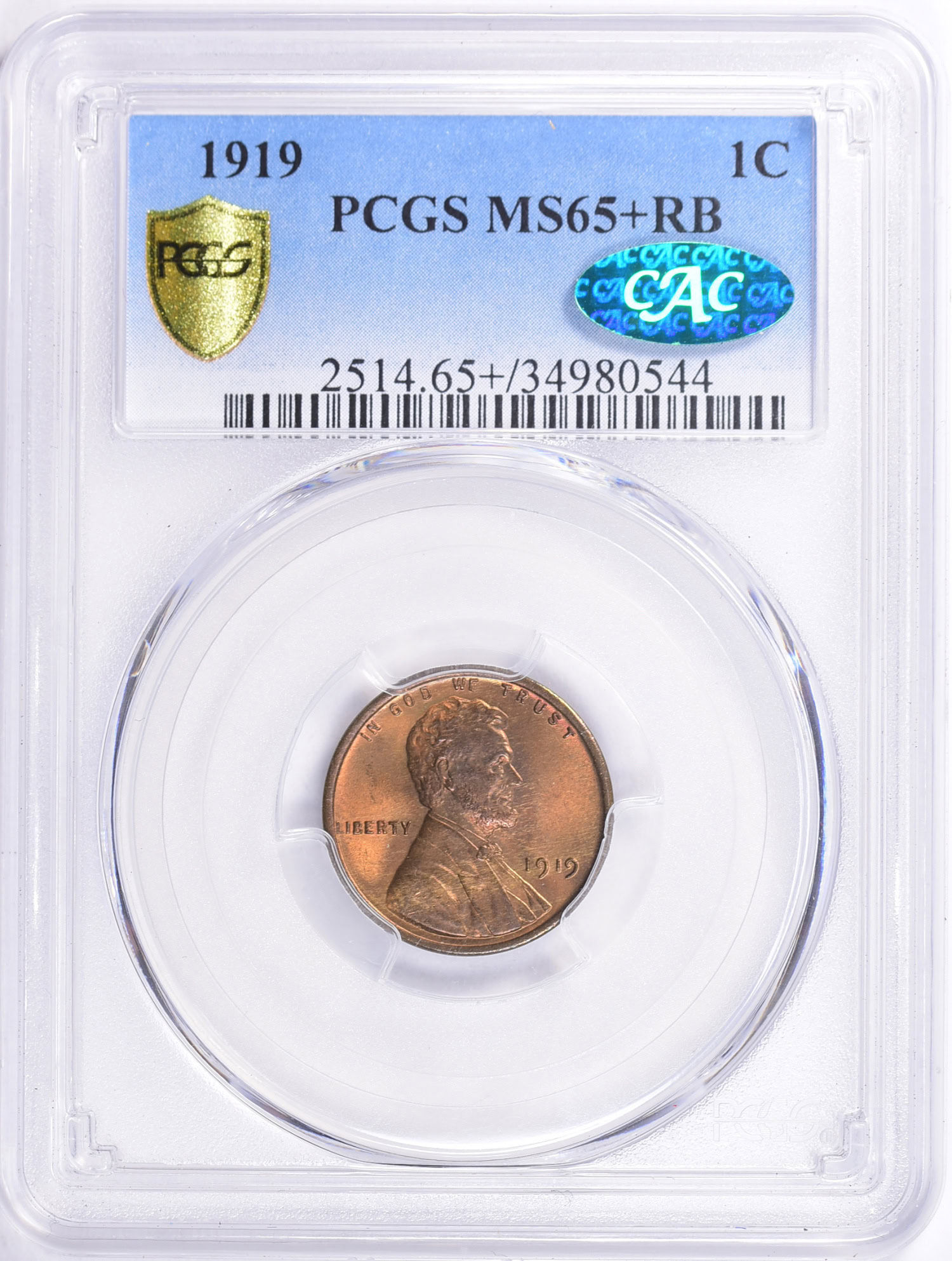 1919 Lincoln Cent PCGS MS-65+ RB (CAC Green) (Item 1766651) | GreatCollections Coin Auctions