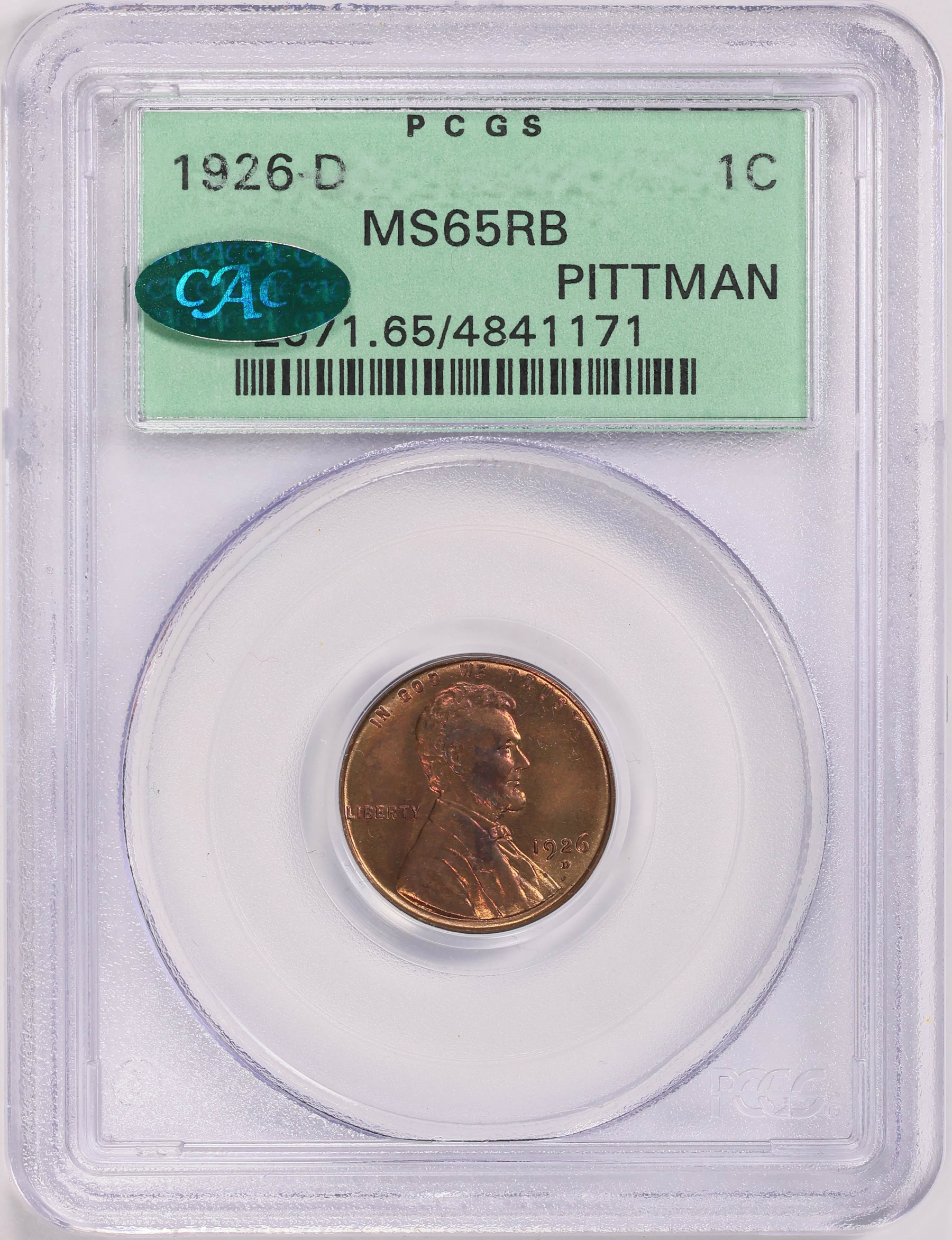 1926-D Lincoln Cent PCGS MS-65 RB (CAC Green) OGH (Toned) (Pittman ...