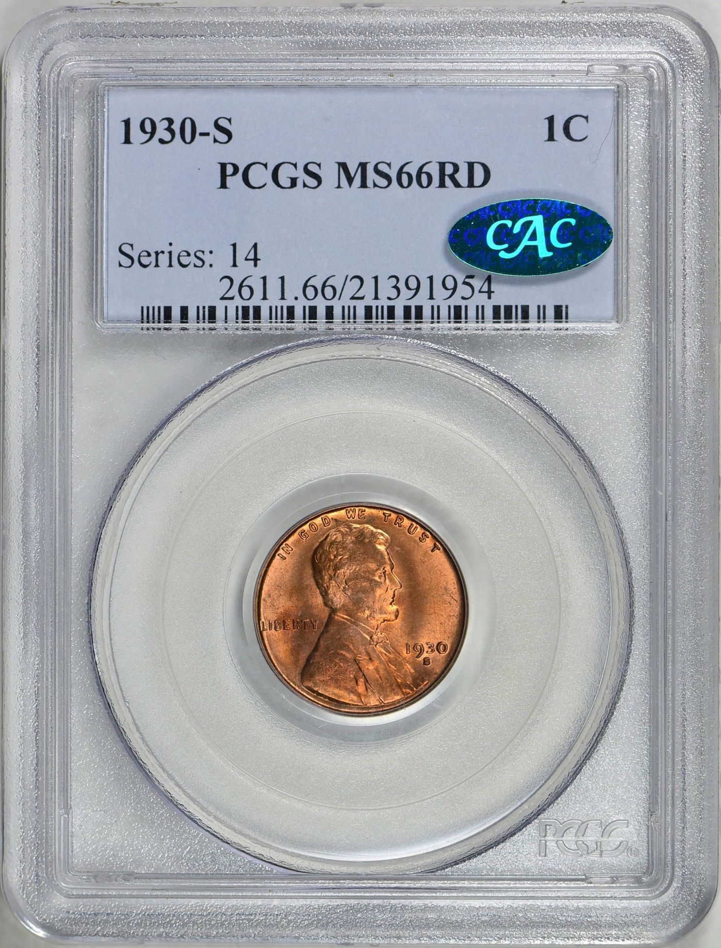 1930-S Lincoln Cent PCGS MS-66 RD (CAC Green) (Item 1766682) | GreatCollections Coin Auctions