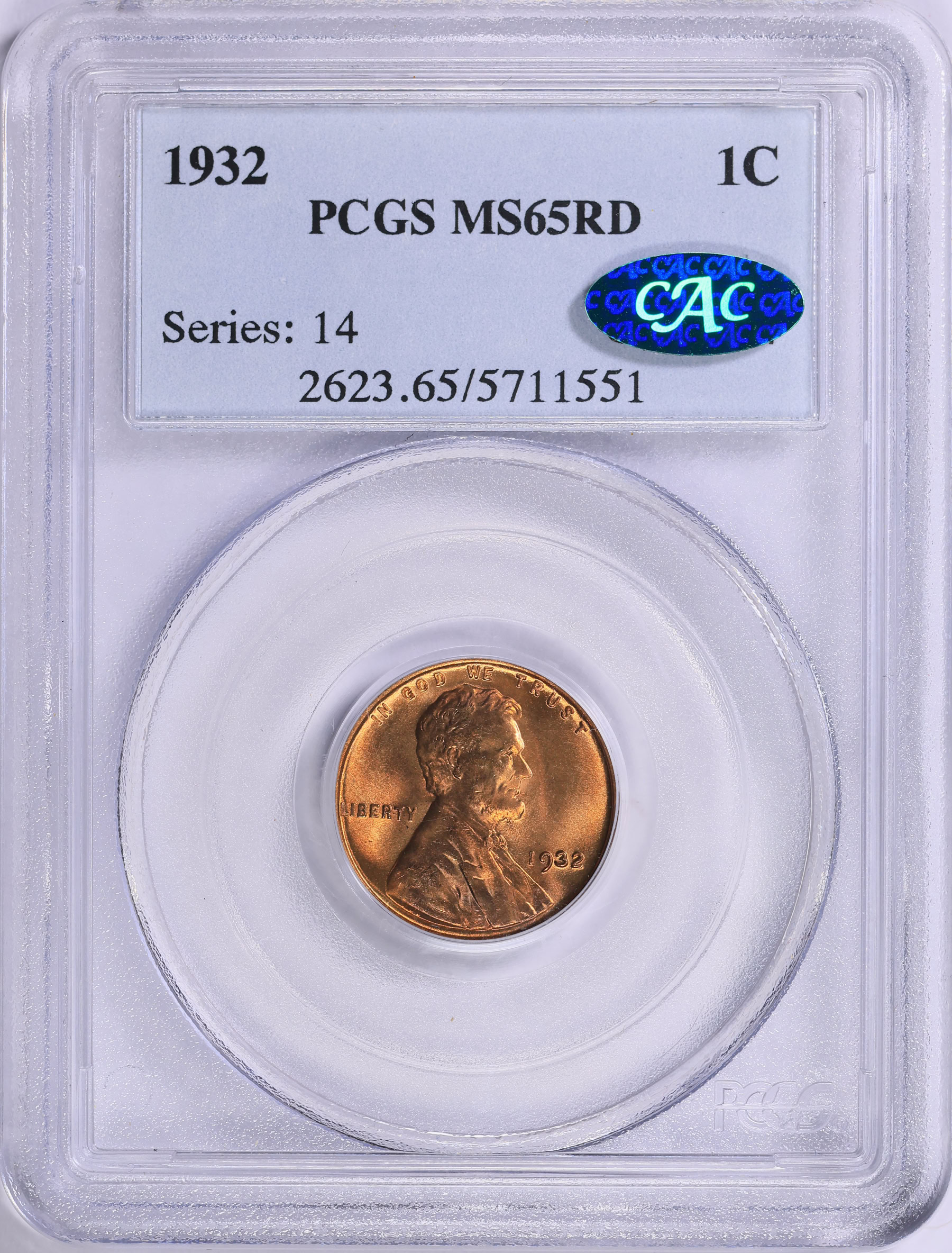 1932 Lincoln Cent PCGS MS-65 RD (CAC Green) (Item 1766686) | GreatCollections Coin Auctions