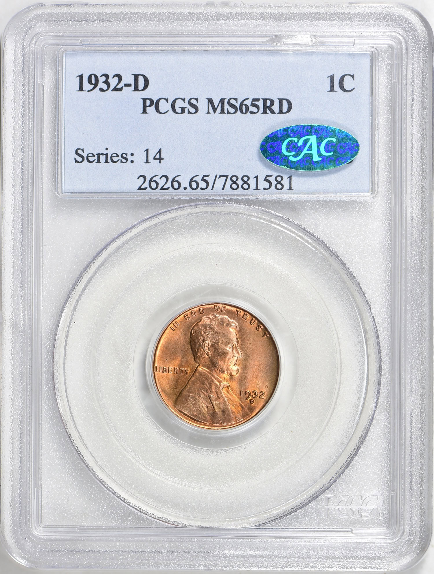 1932-D Lincoln Cent PCGS MS-65 RD (CAC Green) (Item 1766687) | GreatCollections Coin Auctions