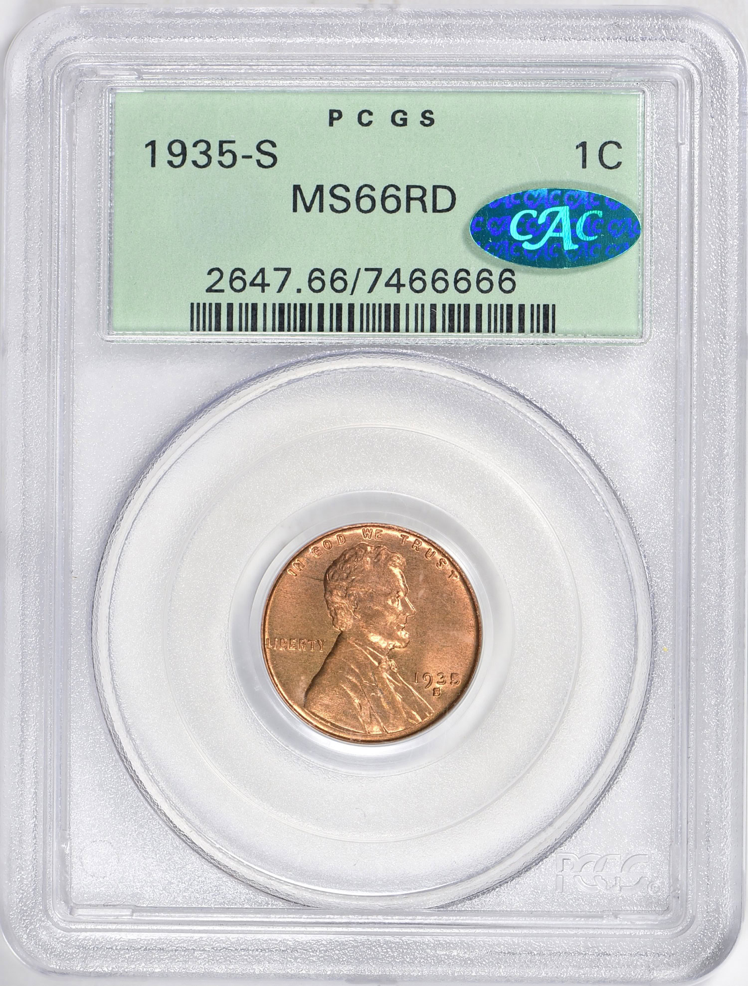 1935-S Lincoln Cent PCGS MS-66 RD (CAC Green) OGH (Item 1766694) | GreatCollections Coin Auctions