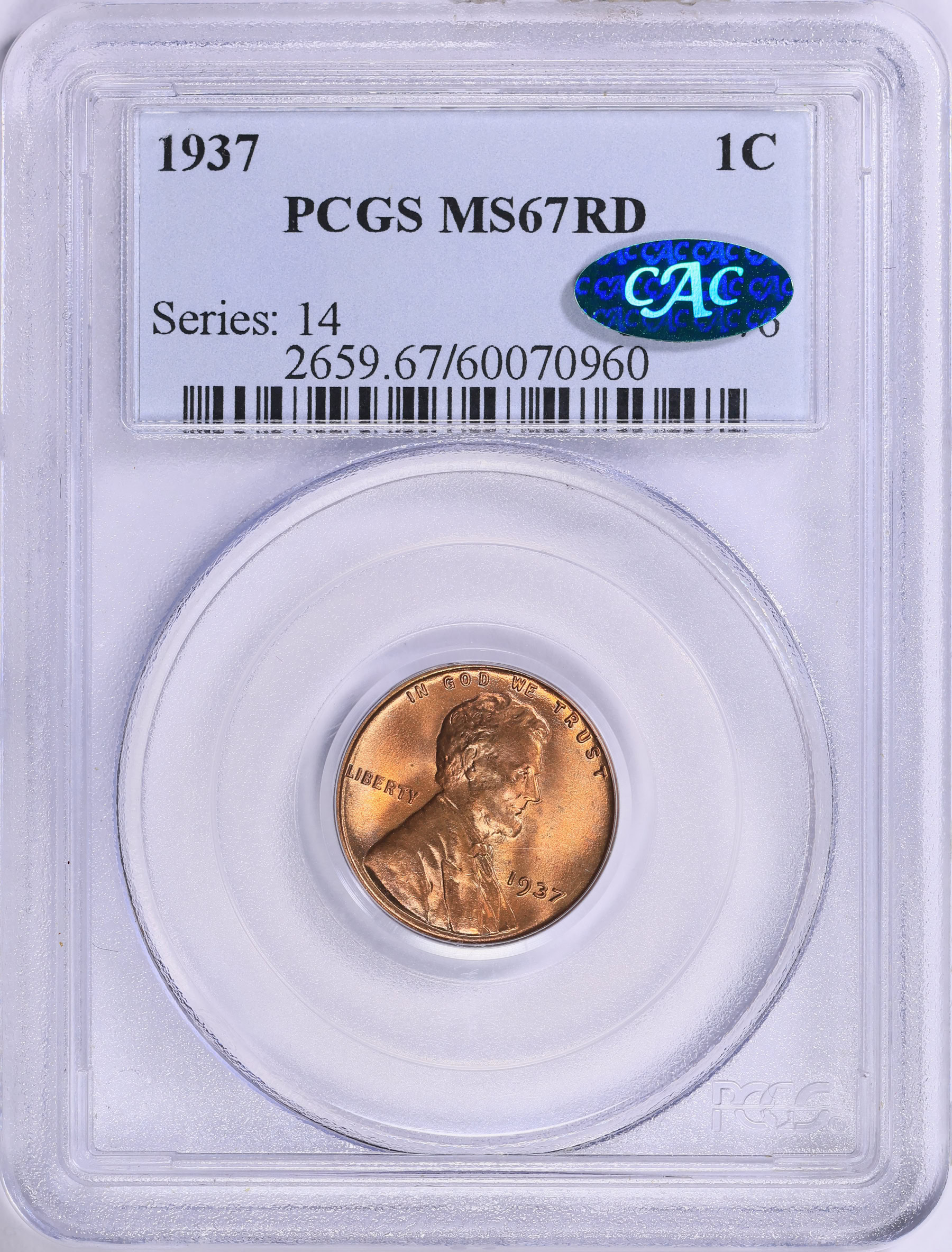 1937 Lincoln Cent PCGS MS-67 RD (CAC Green) (Item 1766697) | GreatCollections Coin Auctions