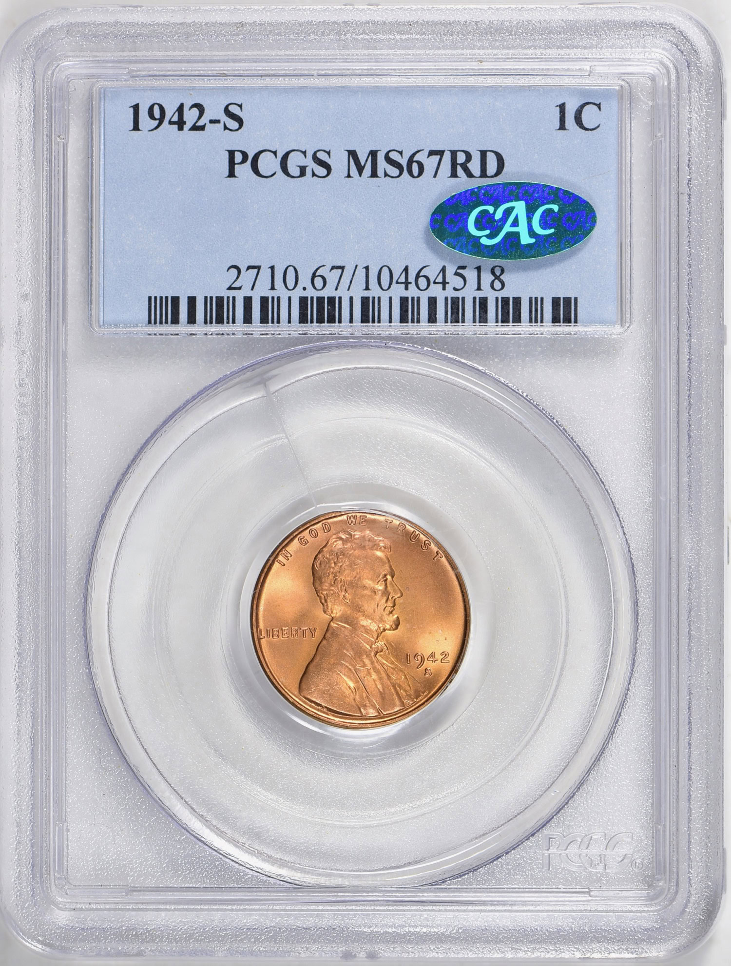 1942-S Lincoln Cent PCGS MS-67 RD (CAC Green) (Item 1766714) | GreatCollections Coin Auctions