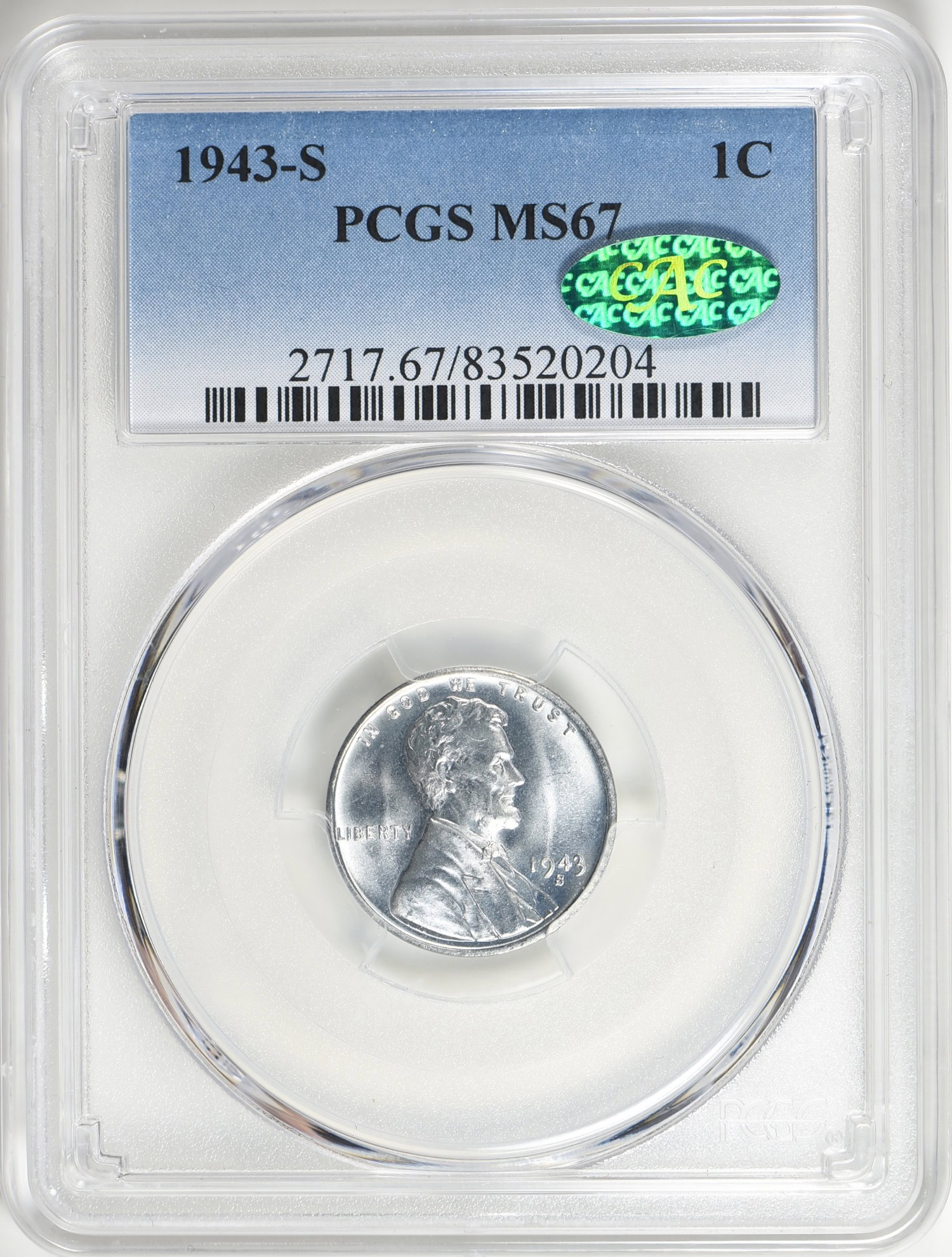 1943-S Lincoln Cent PCGS MS-67 (CAC Green) (Item 1766717) | GreatCollections Coin Auctions