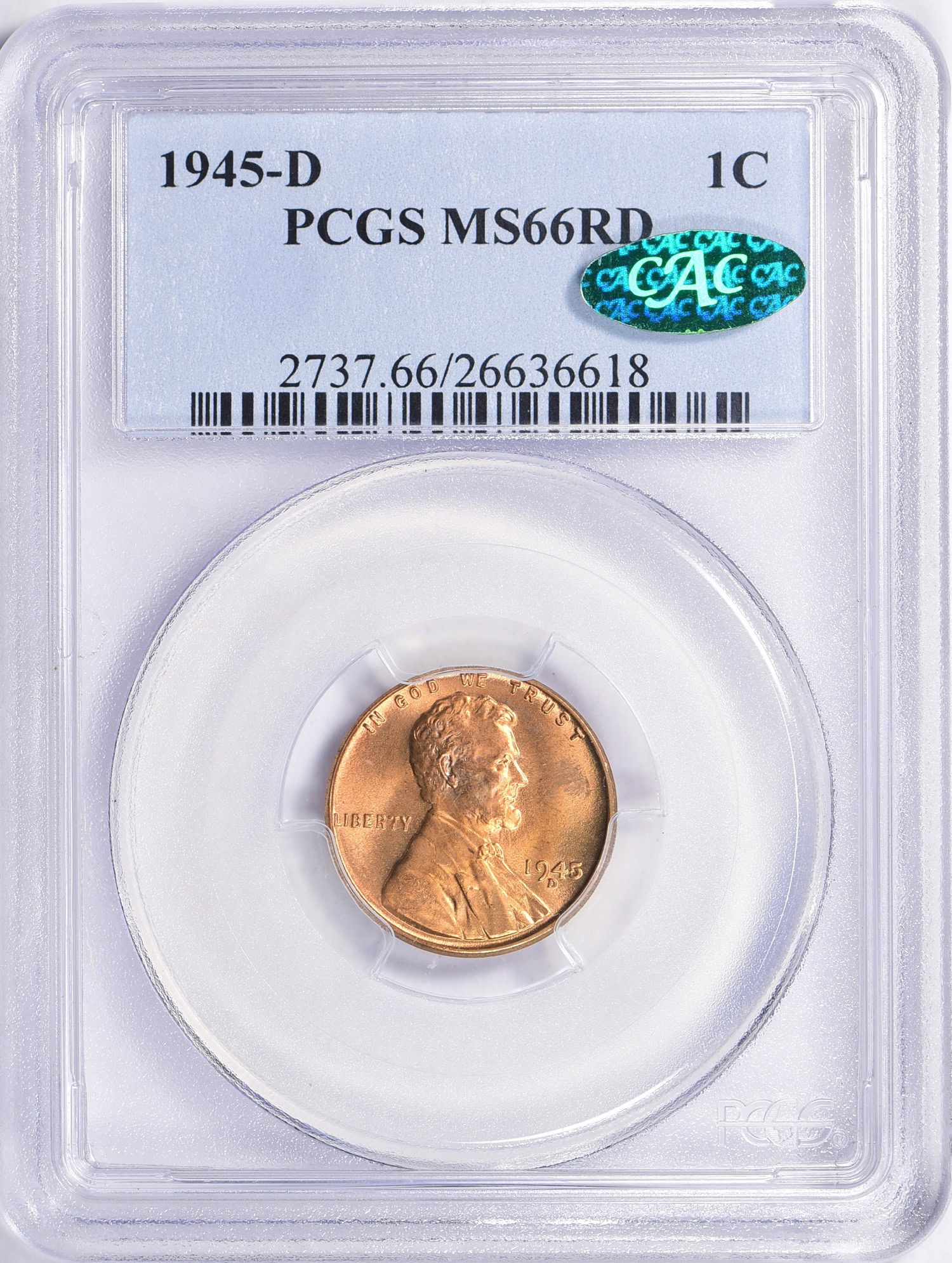 1945-D Lincoln Cent PCGS MS-66 RD (CAC Green) (Item 1766721) | GreatCollections Coin Auctions