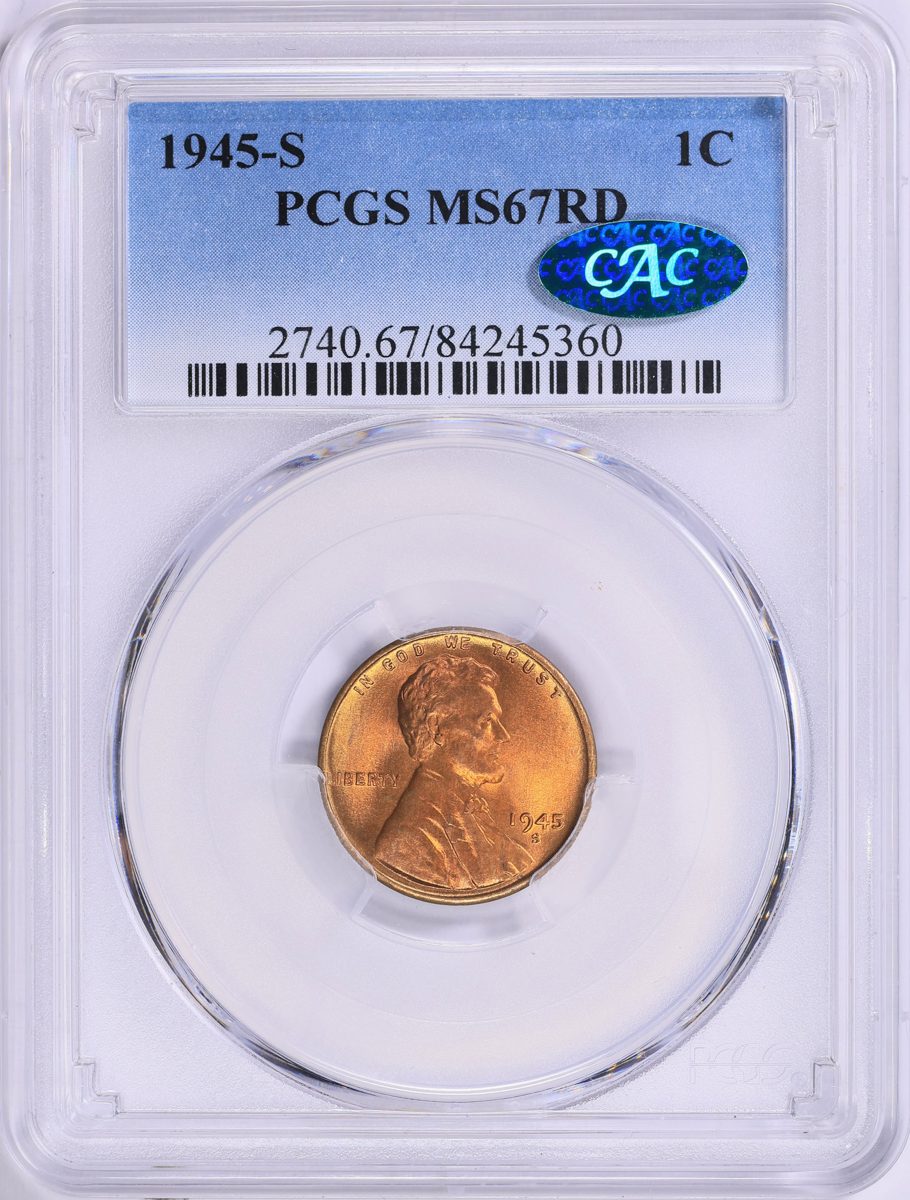 1945-S Lincoln Cent PCGS MS-67 RD (CAC Green) (Item 1766722) | GreatCollections Coin Auctions