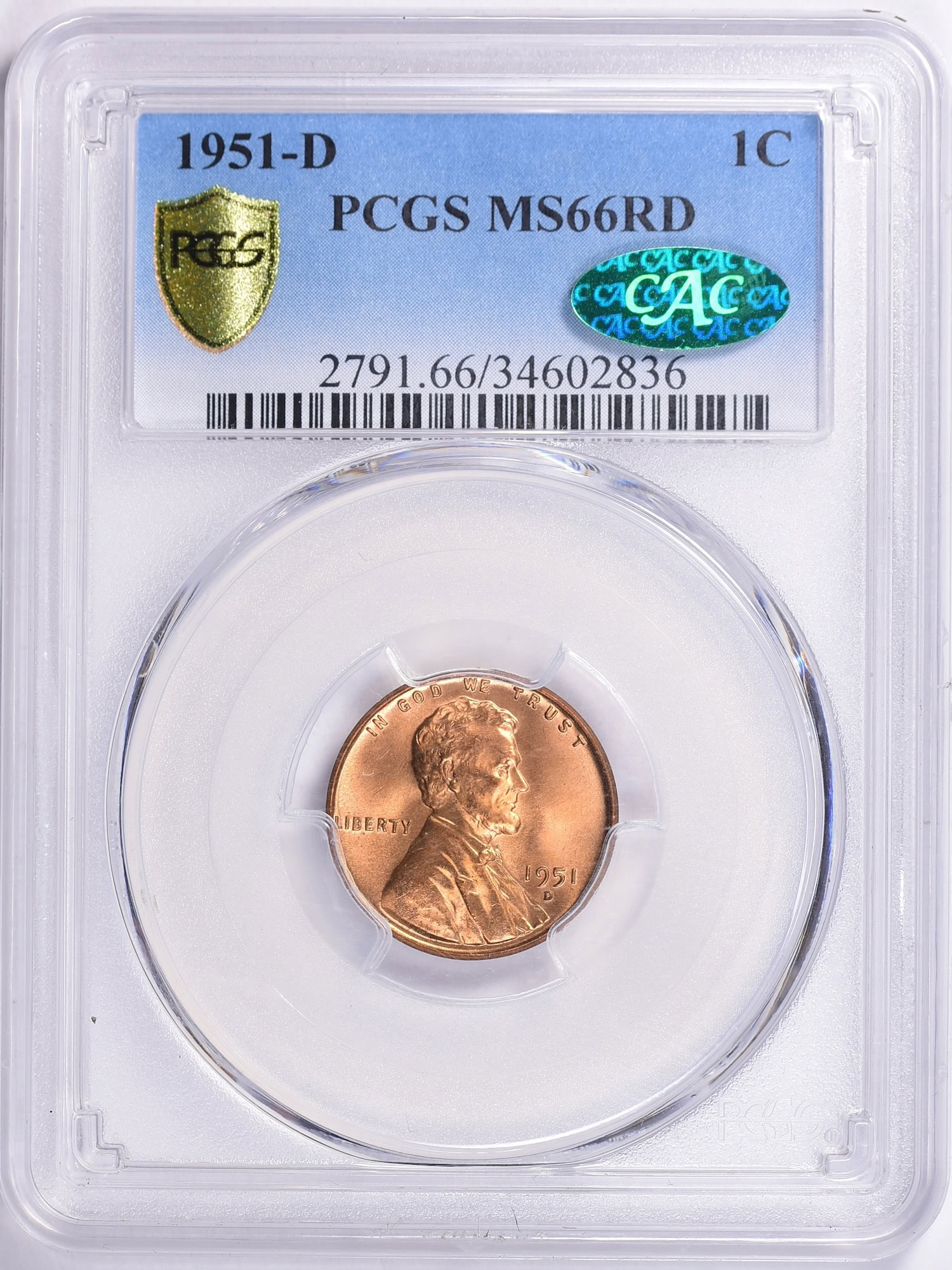 1951-D Lincoln Cent PCGS MS-66 RD (CAC Green) (Item 1766740) | GreatCollections Coin Auctions