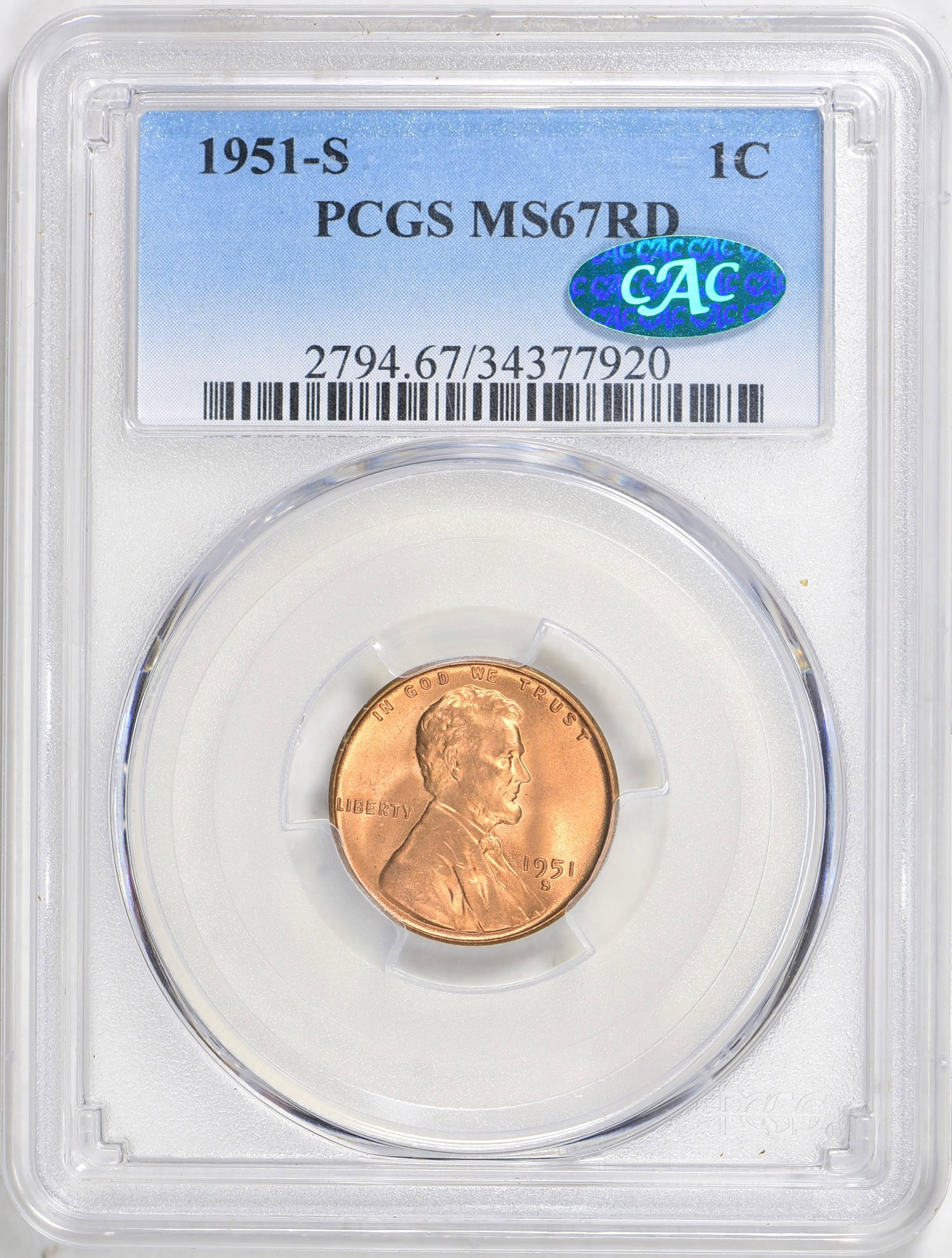 1951-S Lincoln Cent PCGS MS-67 RD (CAC Green) (Item 1766741) | GreatCollections Coin Auctions