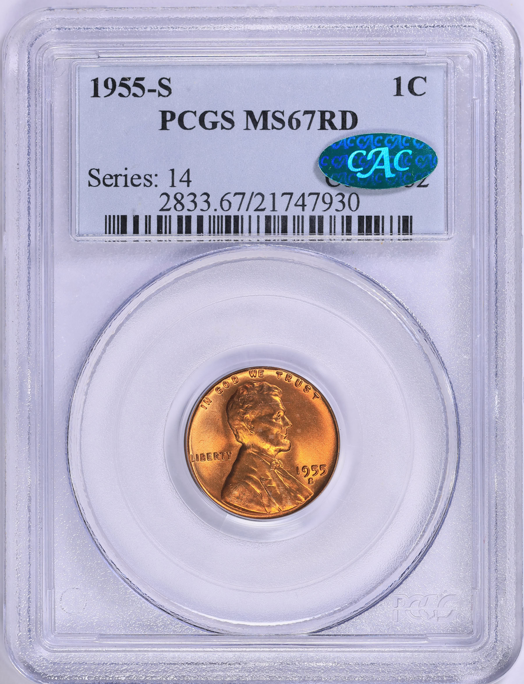 1955-S Lincoln Cent PCGS MS-67 RD (CAC Green) (Item 1766752) | GreatCollections Coin Auctions