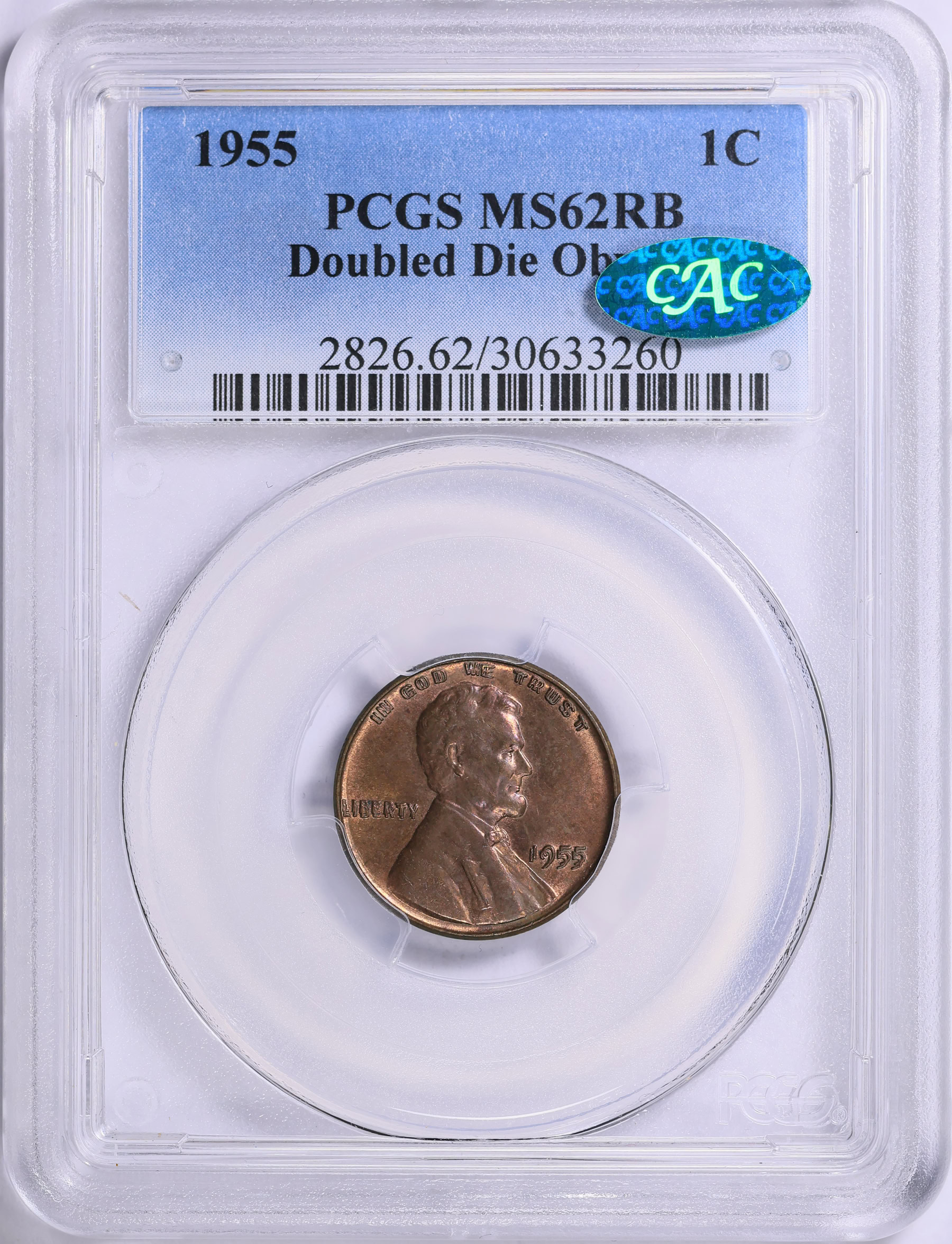 1955 Lincoln Cent Doubled Die Obverse PCGS MS-62 RB (CAC Green) (Item ...