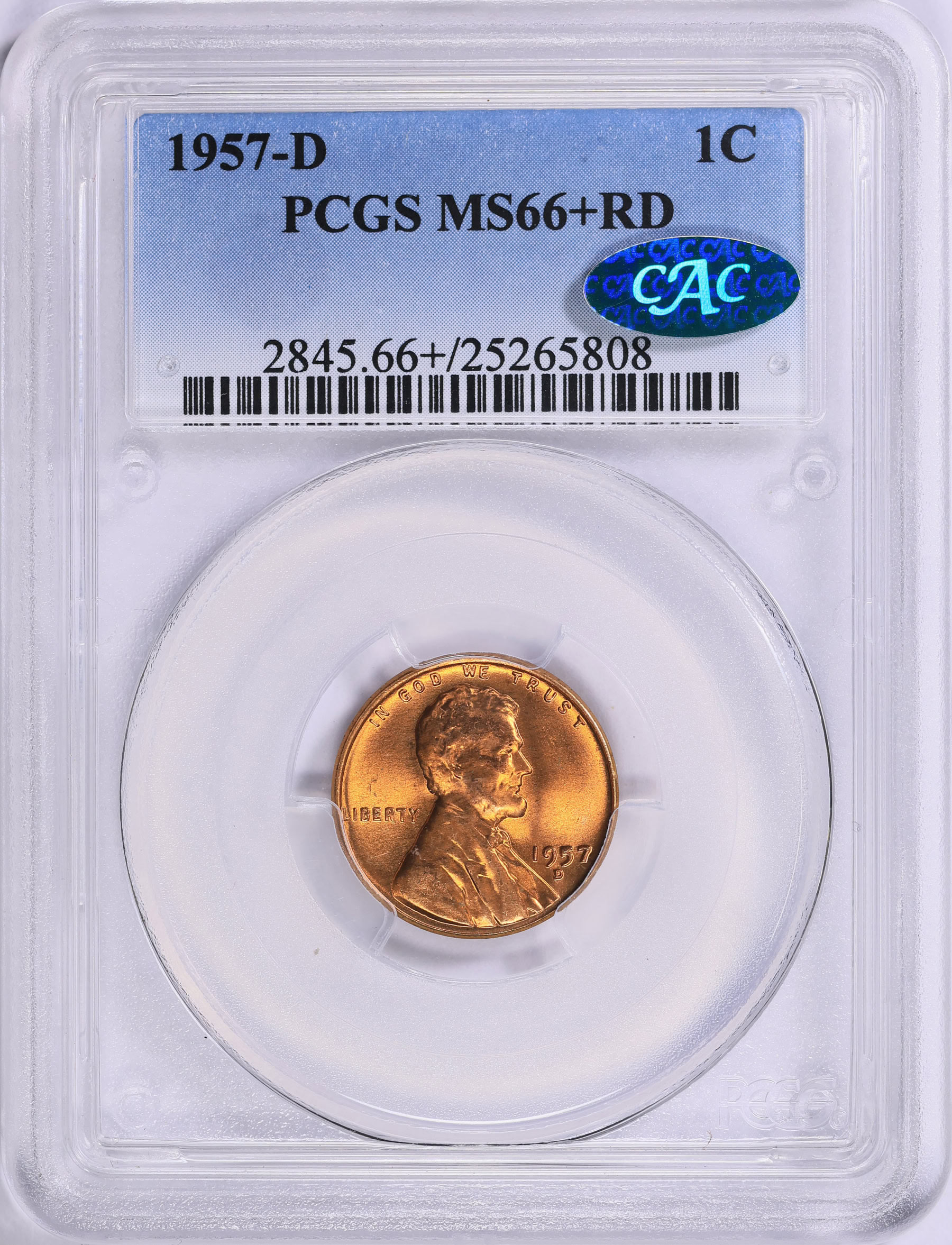 1957-D Lincoln Cent PCGS MS-66+ RD (CAC Green) (Item 1766756) | GreatCollections Coin Auctions