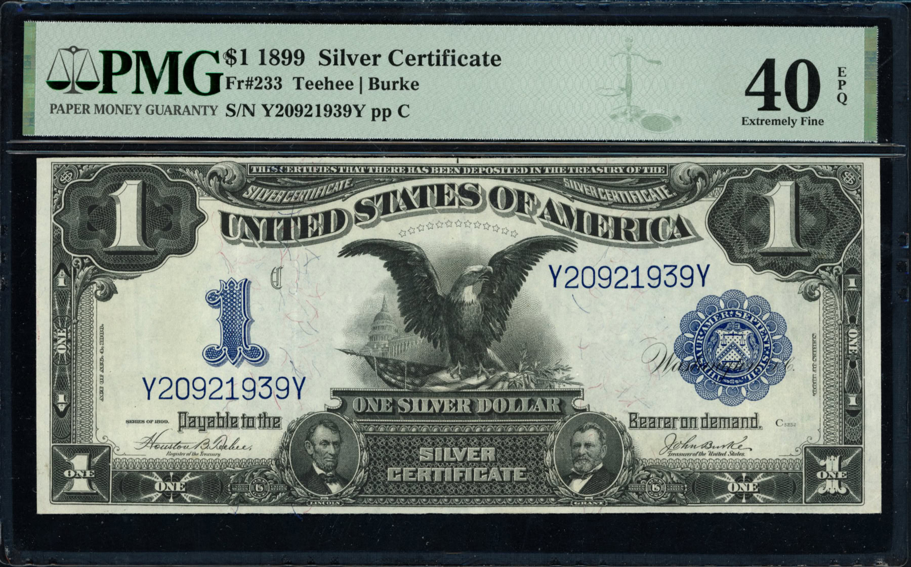 Fr. 233 1899 $1 Silver Certificate Note Teehee / Burke PMG Extremely Fine 40 EPQ | PMG Cert ...
