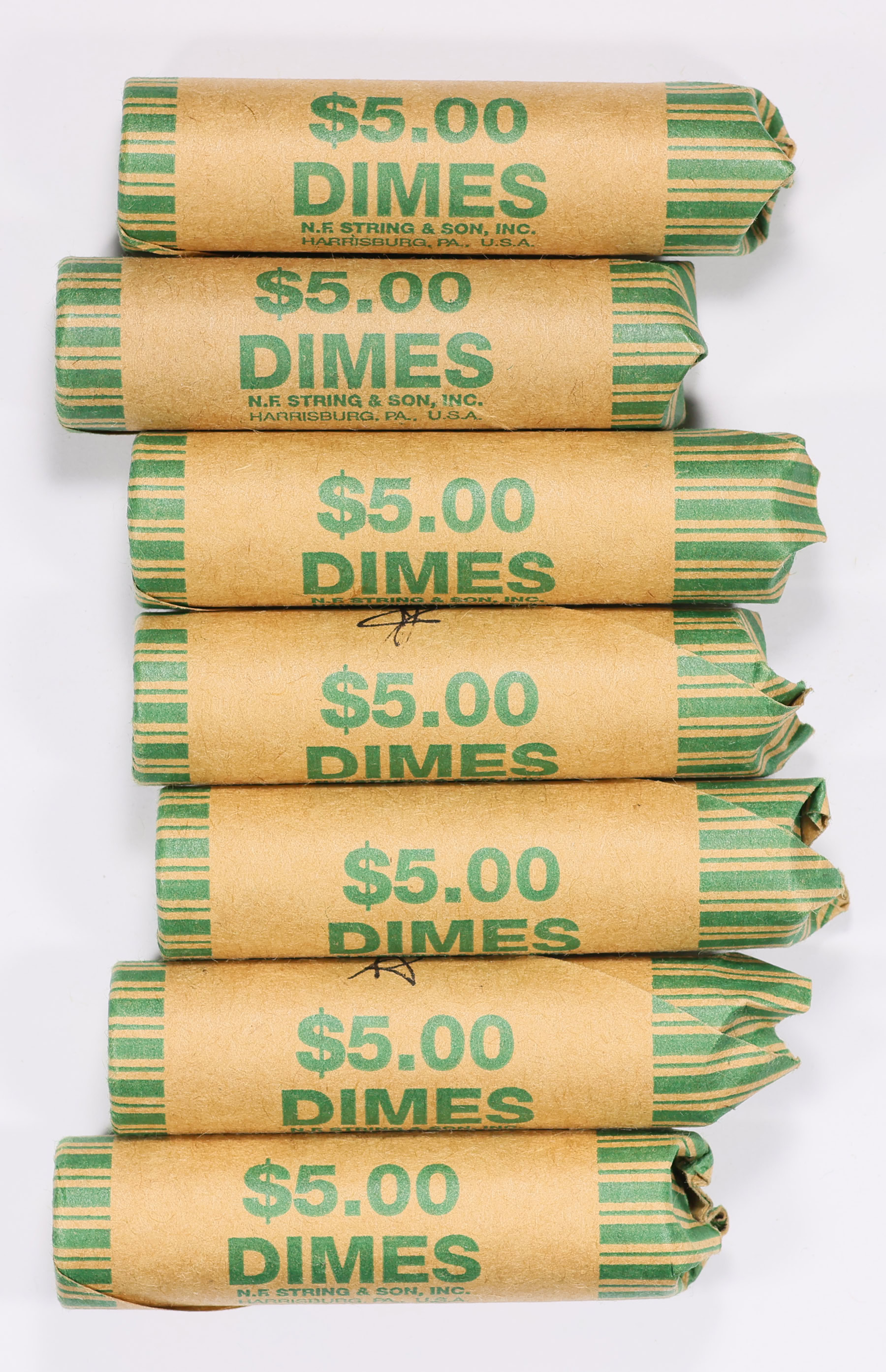 Mixed Date Roosevelt Silver Dime Rolls Uncertified (7 Rolls, 350 Coins ...