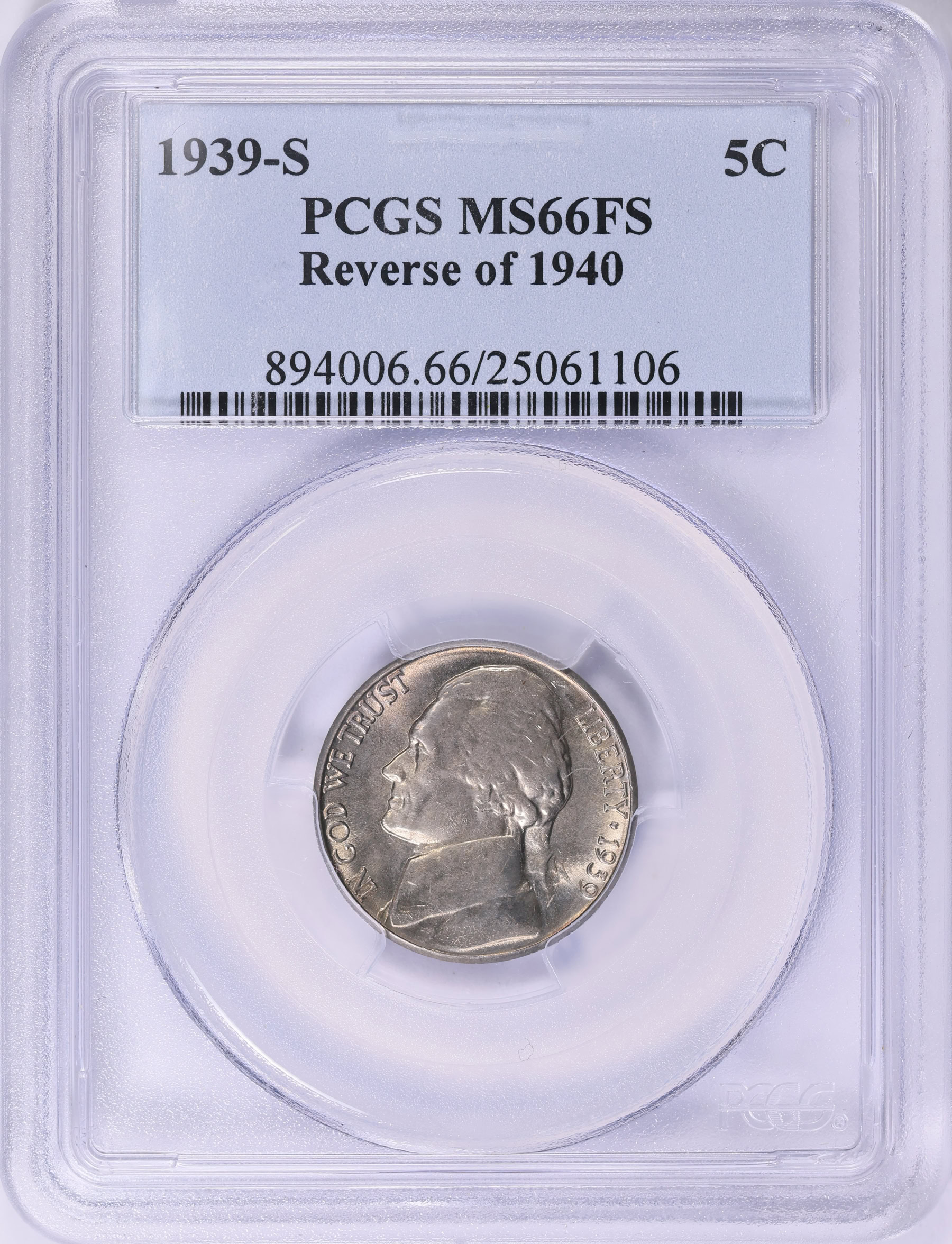 1939-S Jefferson Nickel Reverse of 1940 PCGS MS-66 FS (Item 1767168) | GreatCollections Coin ...