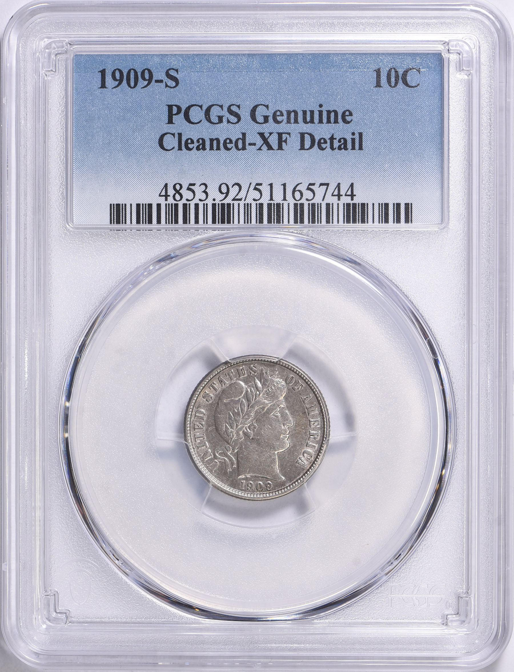 1909-S Barber Dime PCGS Genuine XF Details (Item 1767265) | GreatCollections Coin Auctions