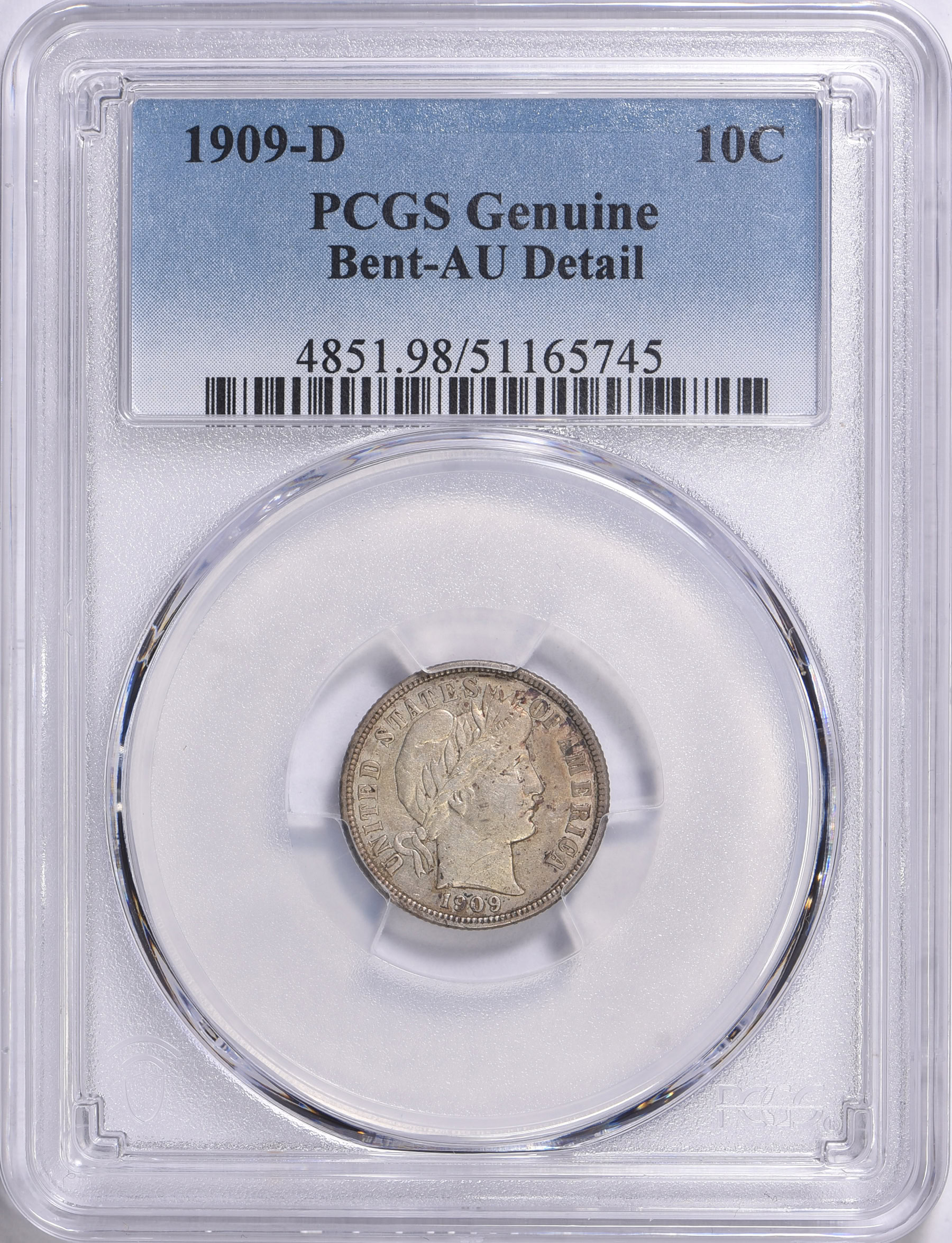 1909-D Barber Dime PCGS Genuine AU Details (Item 1767266) | GreatCollections Coin Auctions