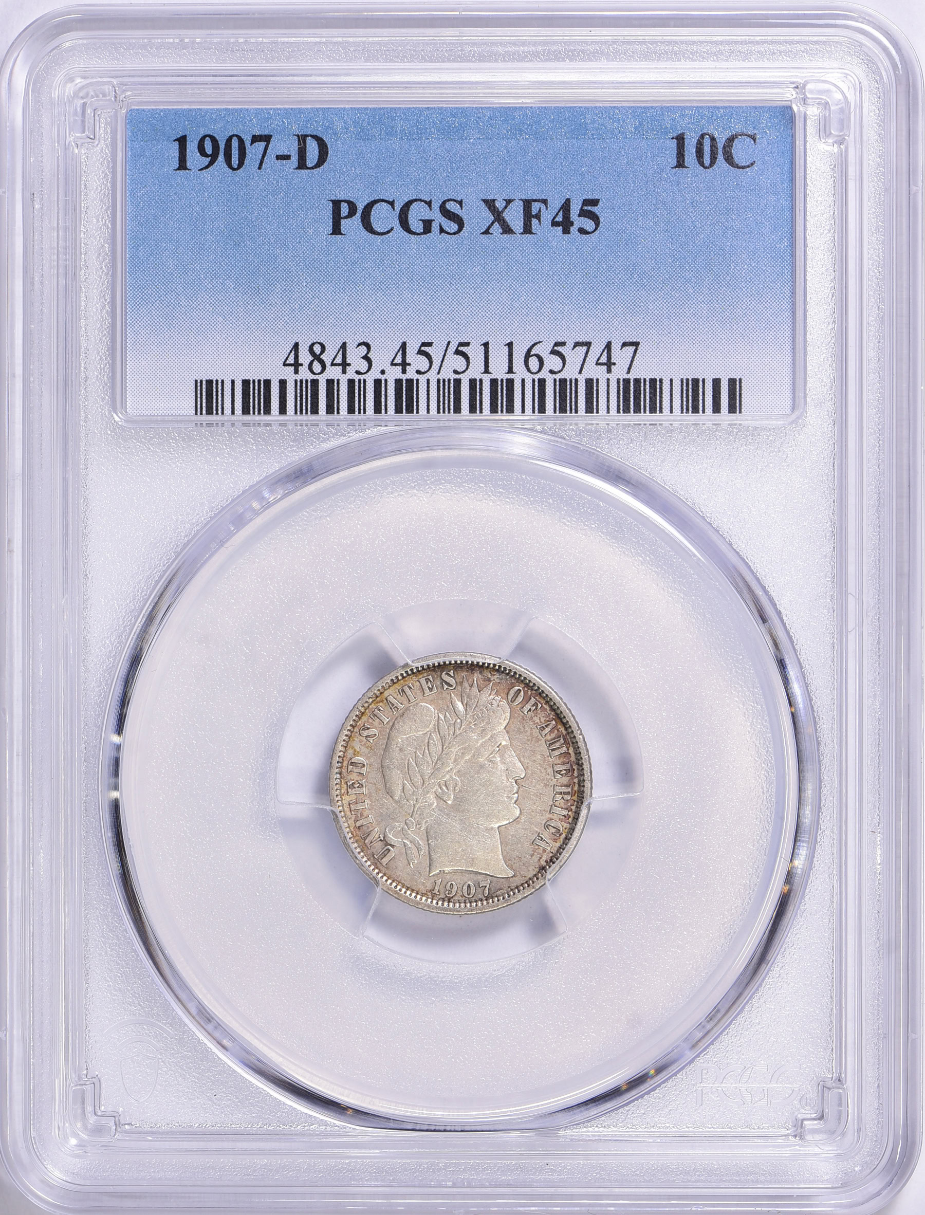 1907-D Barber Dime PCGS XF-45 (Toned) (Item 1767268) | GreatCollections Coin Auctions