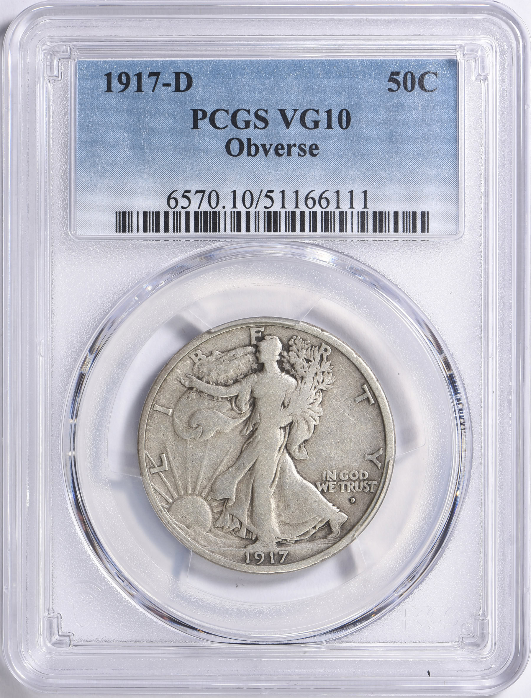 1917-D Walking Liberty Half Dollar Obverse Mintmark PCGS VG-10 (Item 1767312) | GreatCollections ...