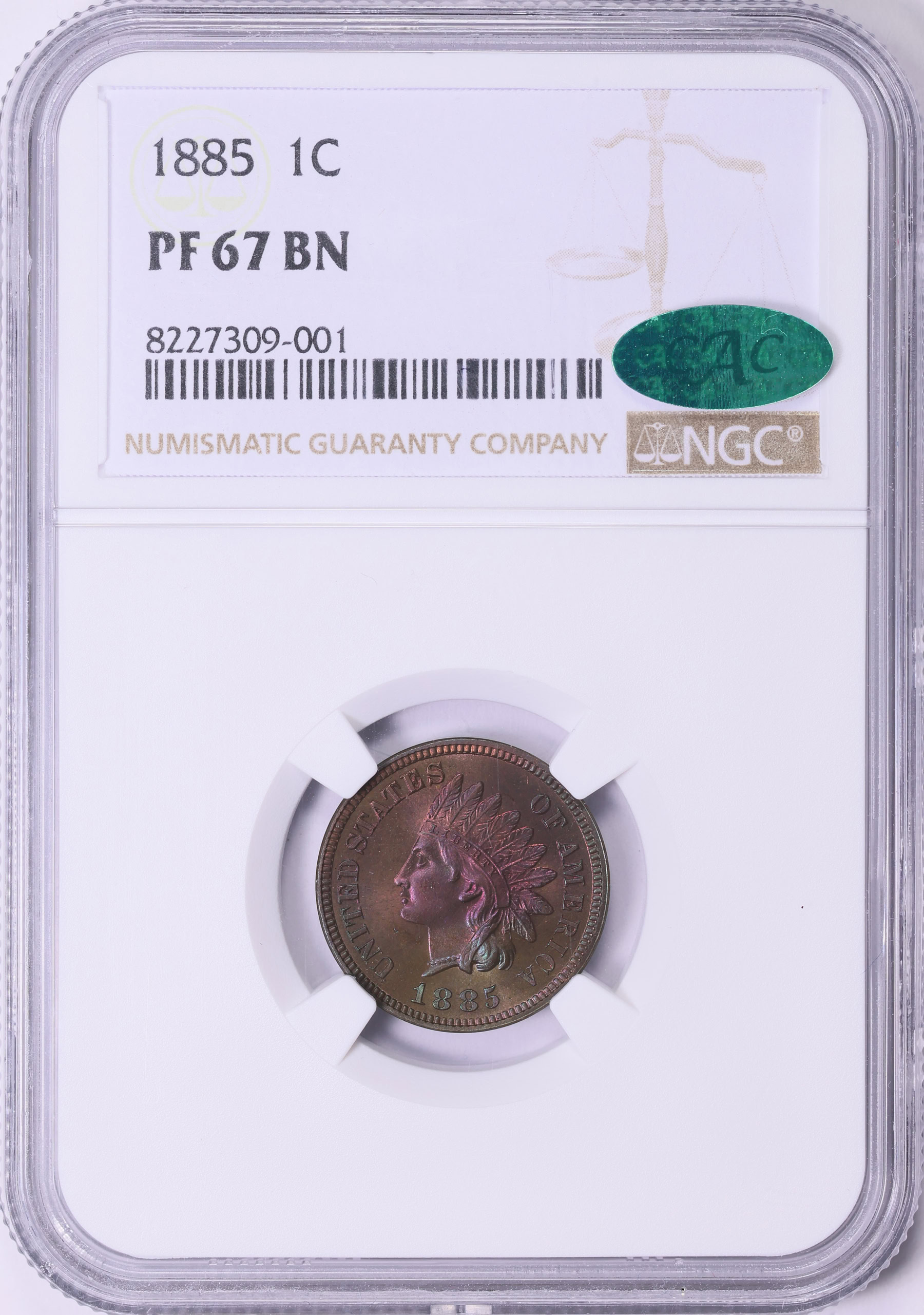 1885 Indian Cent NGC Proof-67 BN (CAC Green) (Toned) (Item 1767531) | GreatCollections Coin Auctions