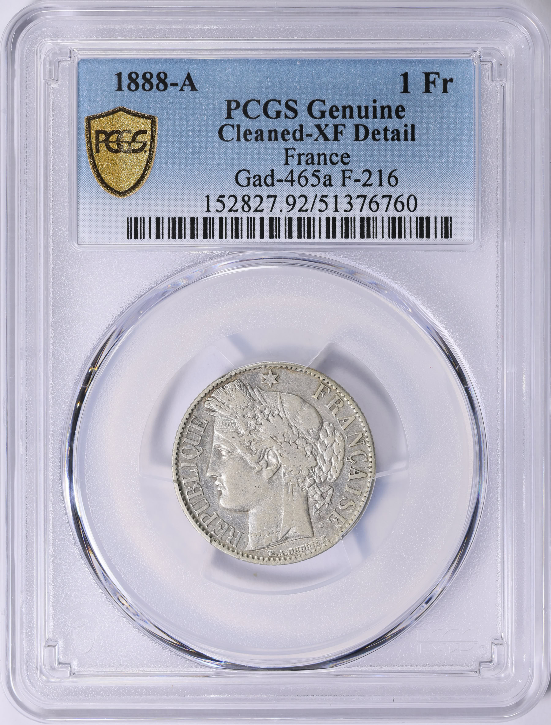 France 1888-A Silver Franc KM-822.1 PCGS Genuine XF Details (Item ...