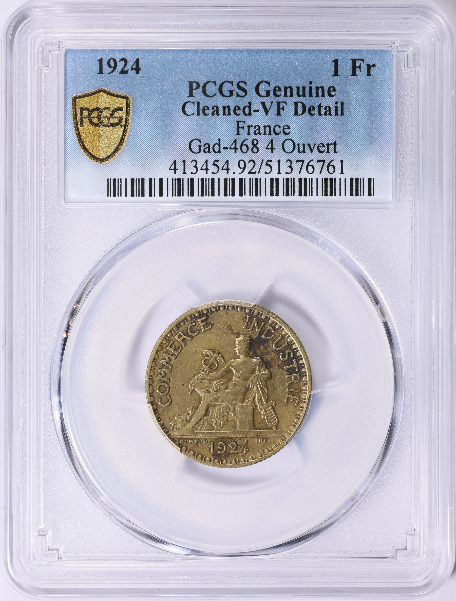 France 1924 Franc 4 Ouvert KM-876 PCGS Genuine VF Details (Item 1767642 ...