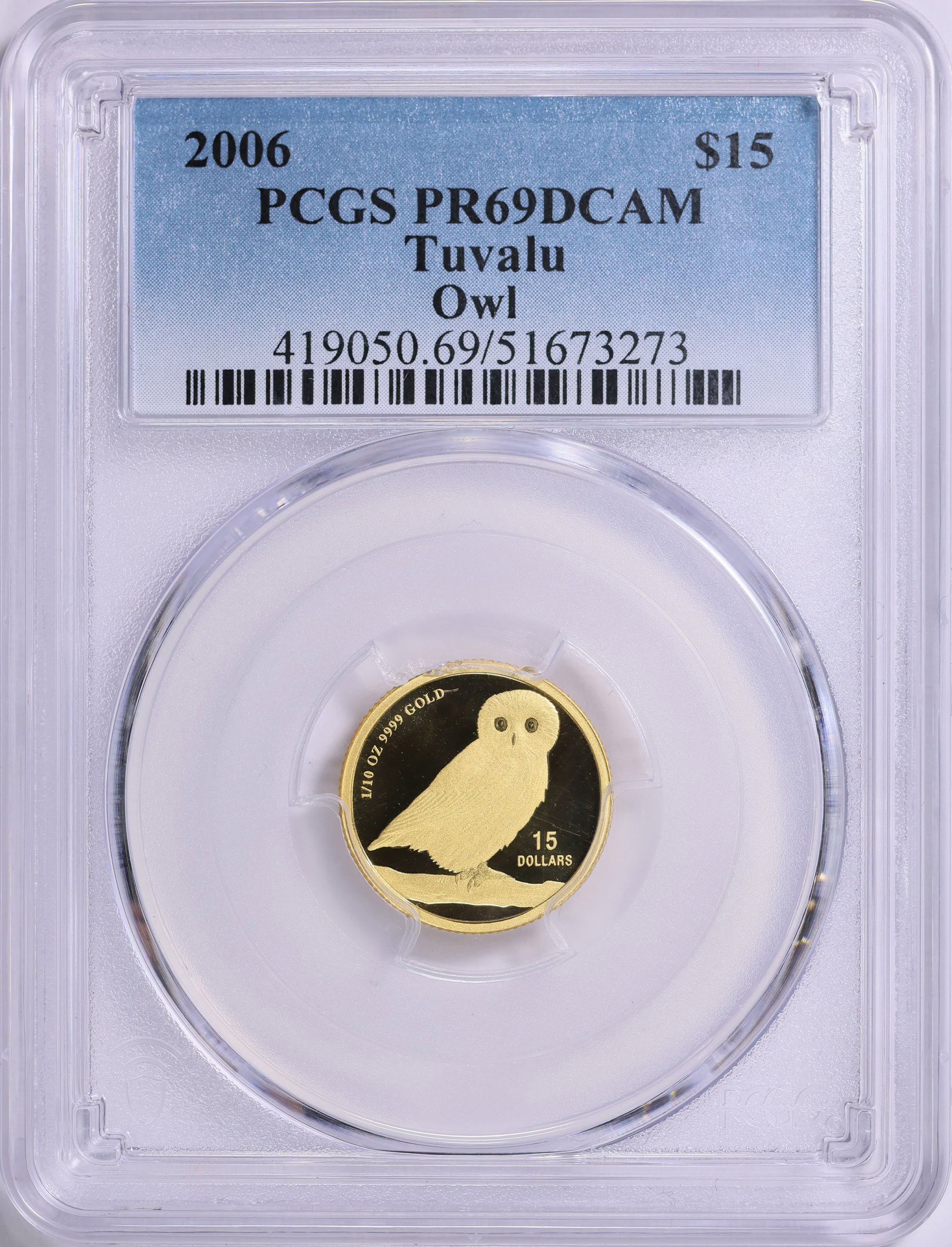 Tuvalu 2006 Gold $15 Owl KM-159 PCGS Proof-69 DCAM (AGW = 0.0999 oz ...