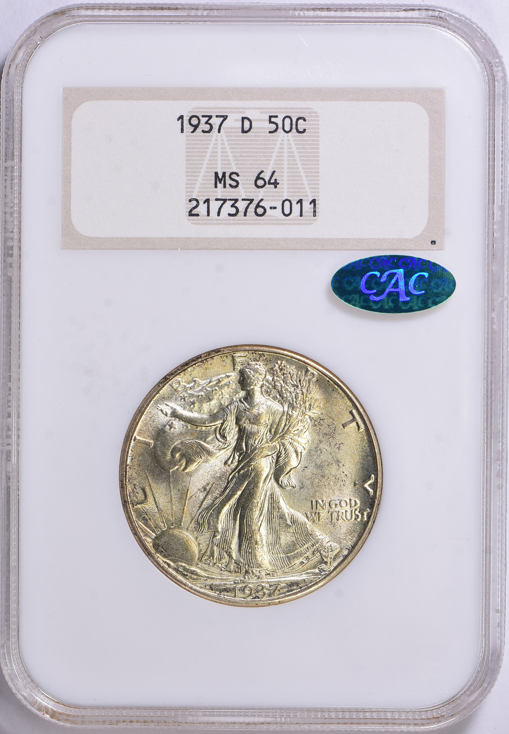 1937-D Walking Liberty Half Dollar NGC MS-64 (CAC Green) OH (Toned) (Item 1768384 ...