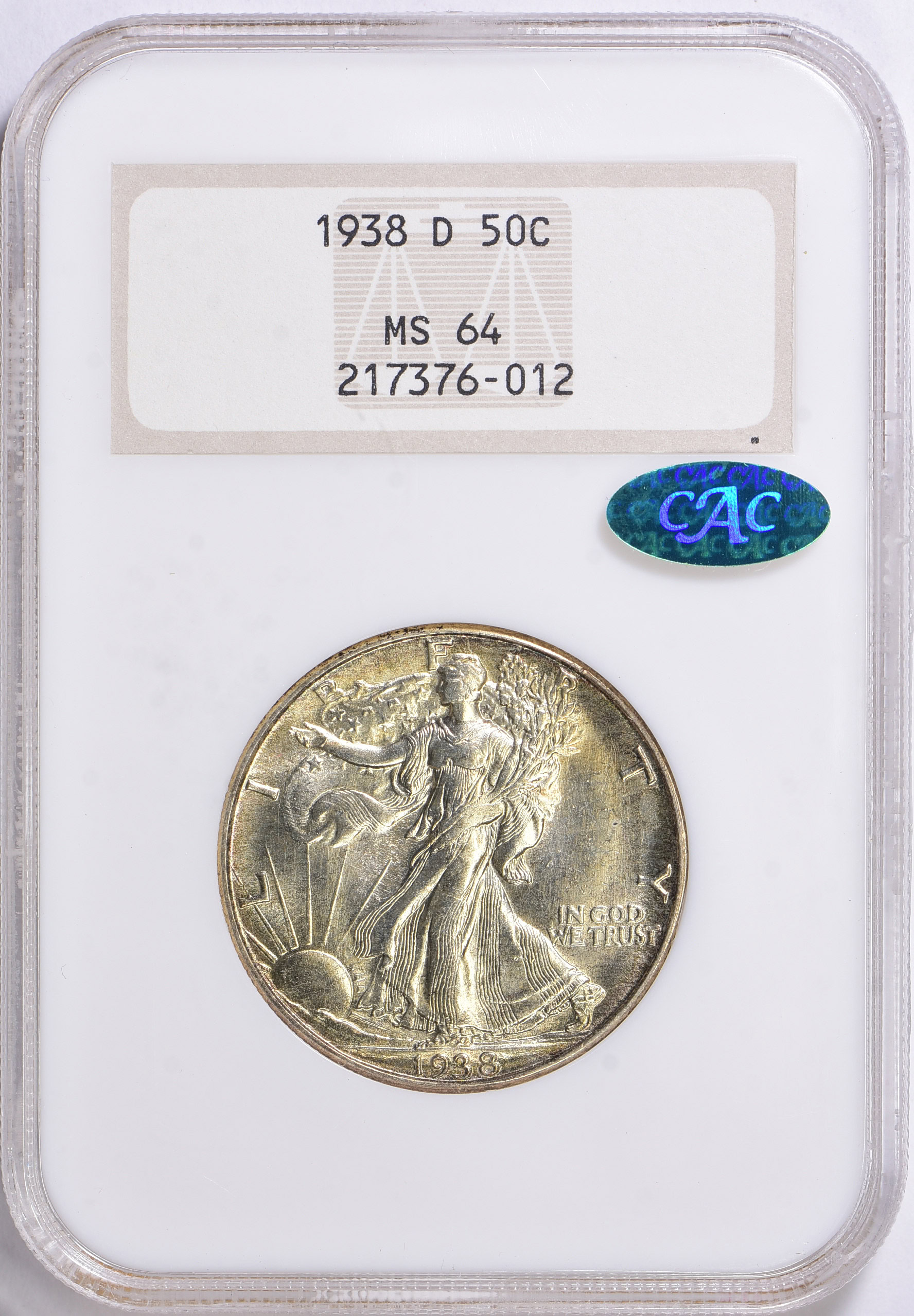 1938-D Walking Liberty Half Dollar NGC MS-64 (CAC Green) (Toned) (Item ...