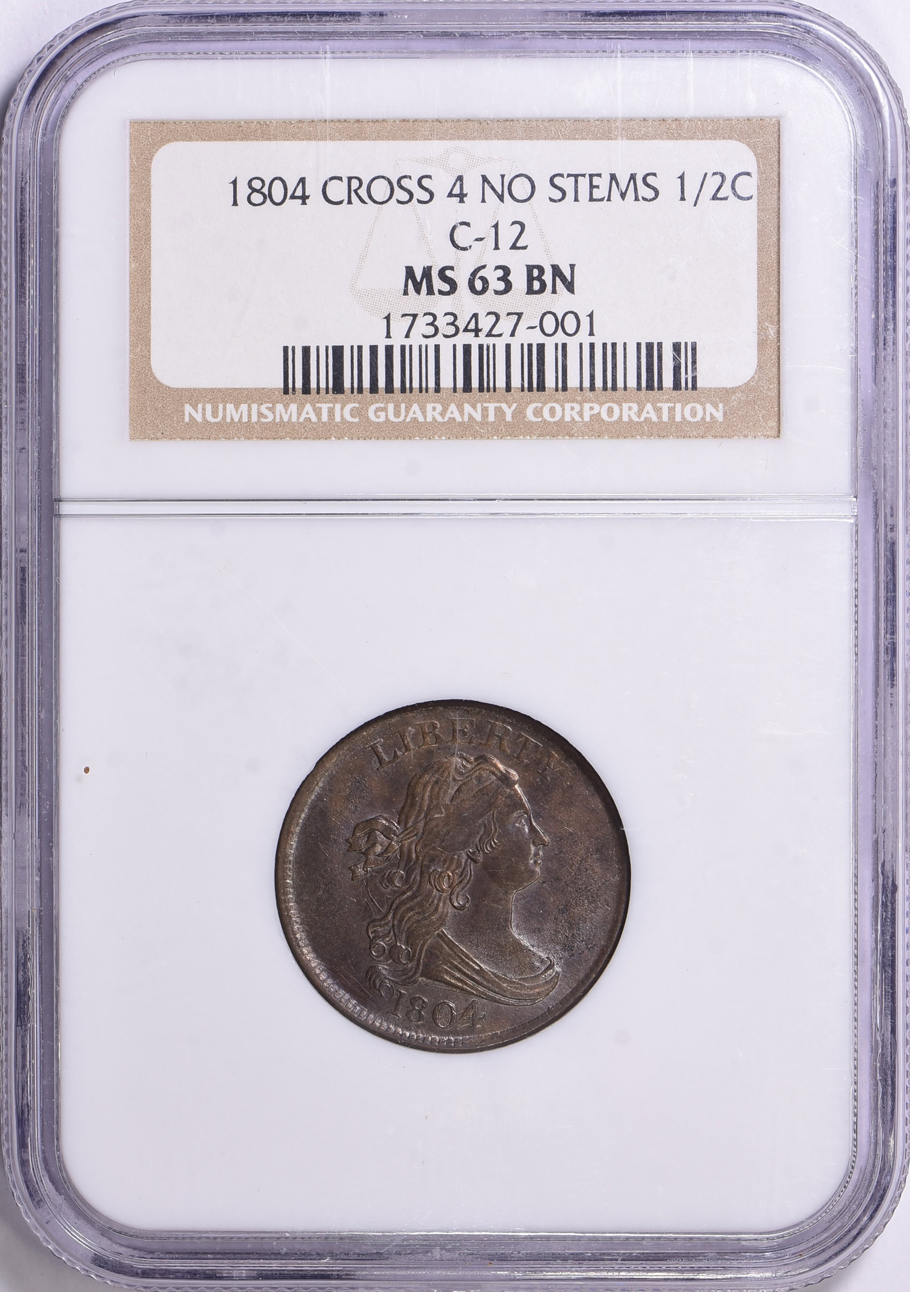 1804 Draped Bust Half Cent Crosslet 4, No Stems Cohen 12 NGC MS-63 BN (Item 1768593 ...