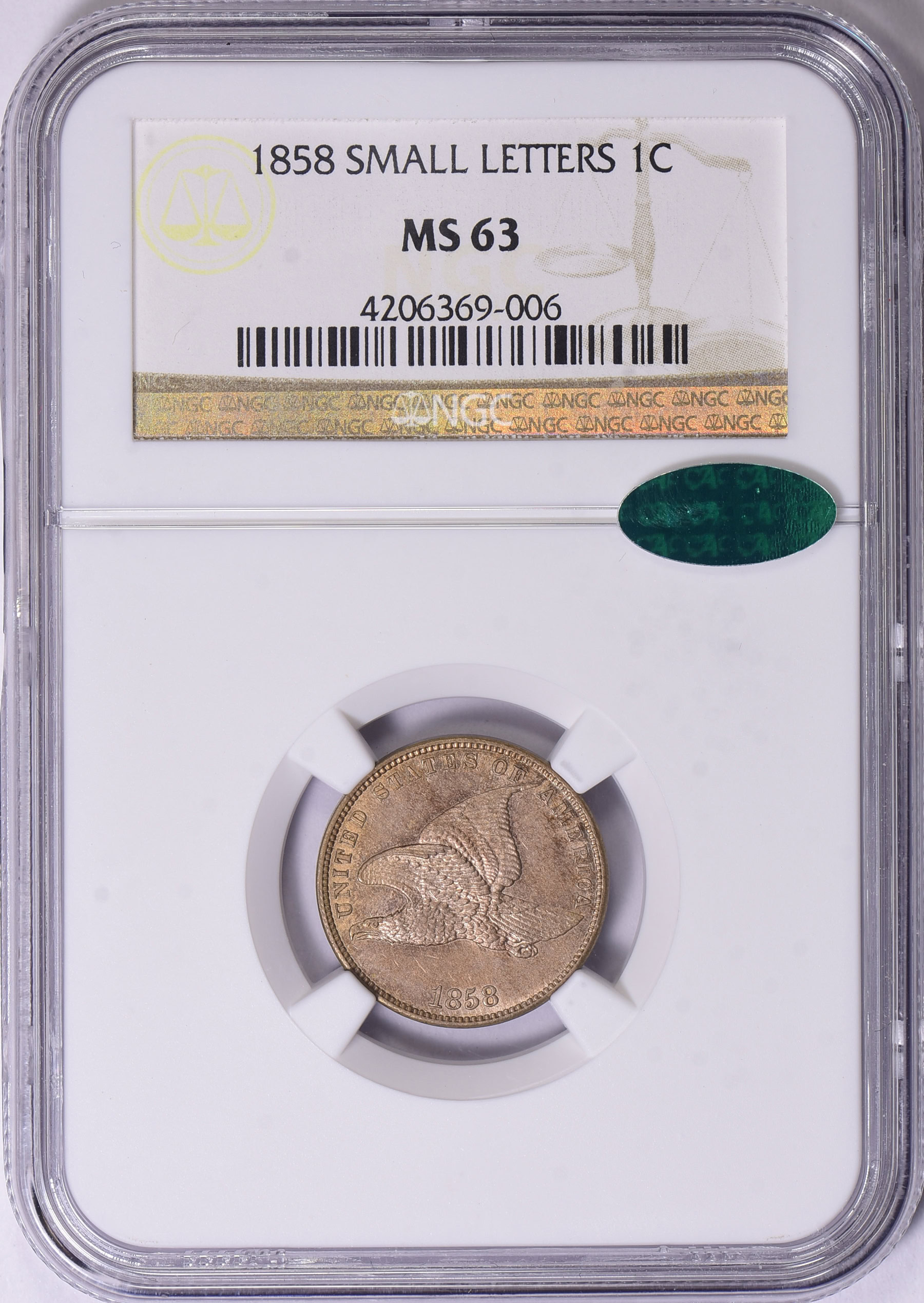 1858 Flying Eagle Cent Small Letters NGC MS-63 (CAC Green) (Item ...