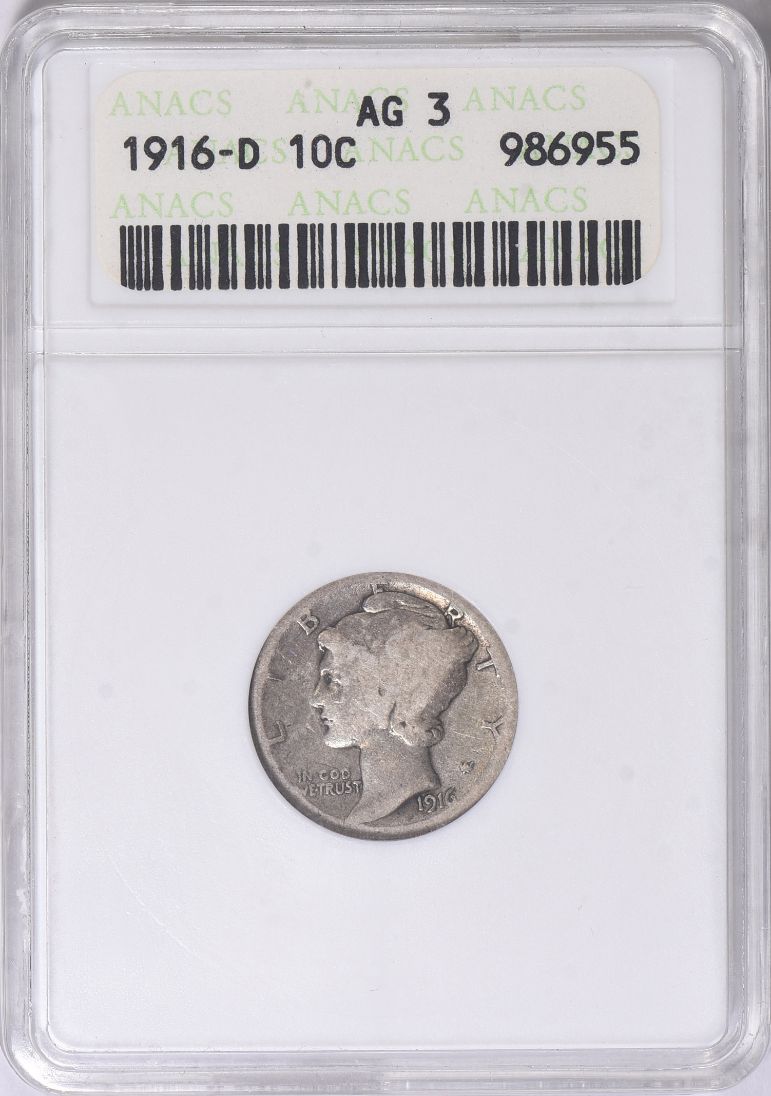 1916-D Mercury Dime ANACS AG-03 OH (Item 1768617) | GreatCollections Coin Auctions