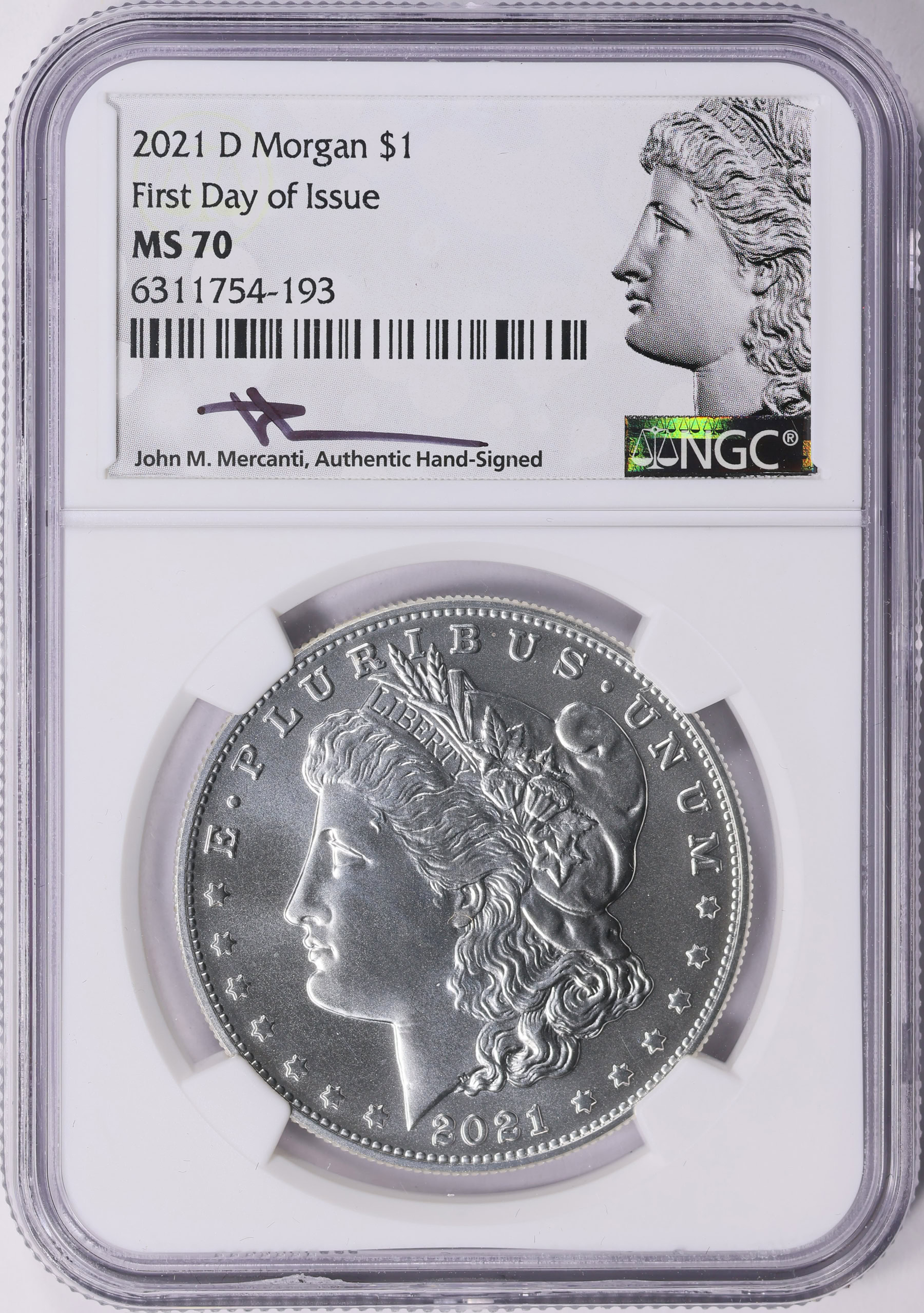 2021-D Morgan Silver Dollar D Privy 100th Anniversary First Day of Issue NGC MS-70 (Mercanti ...