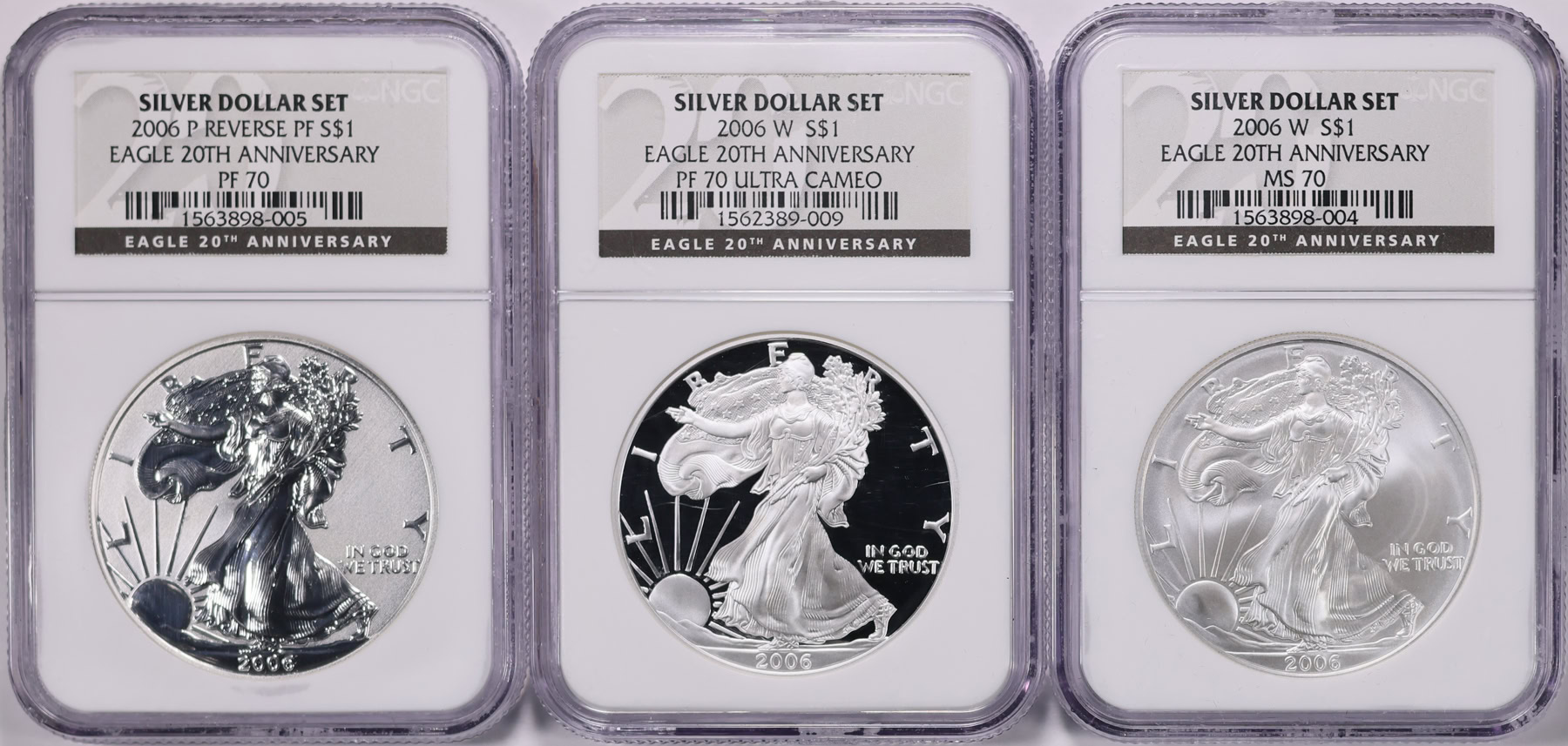 2006 $1 Silver Eagle 20th Anniversary Set Including Reverse Proof NGC MS-70/Proof-70 (Black ...
