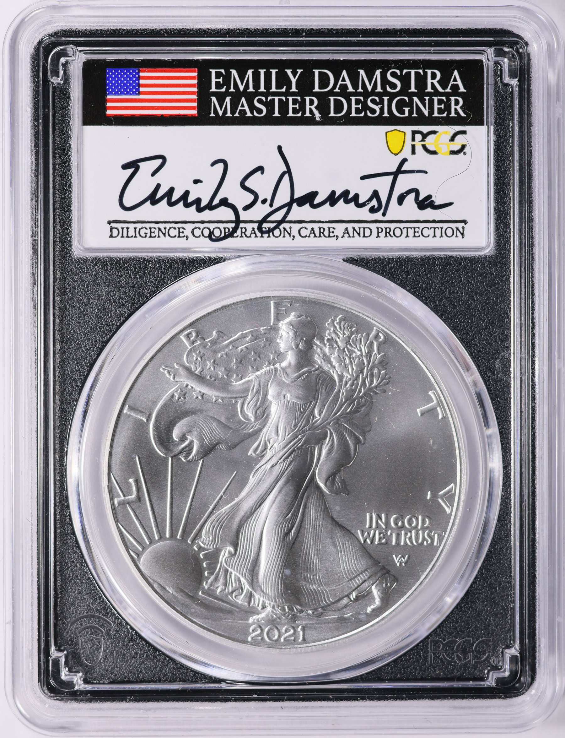 2021 $1 Silver Eagle Type 2 First Day of Production PCGS MS-70 (Emily Damstra Signed Label ...