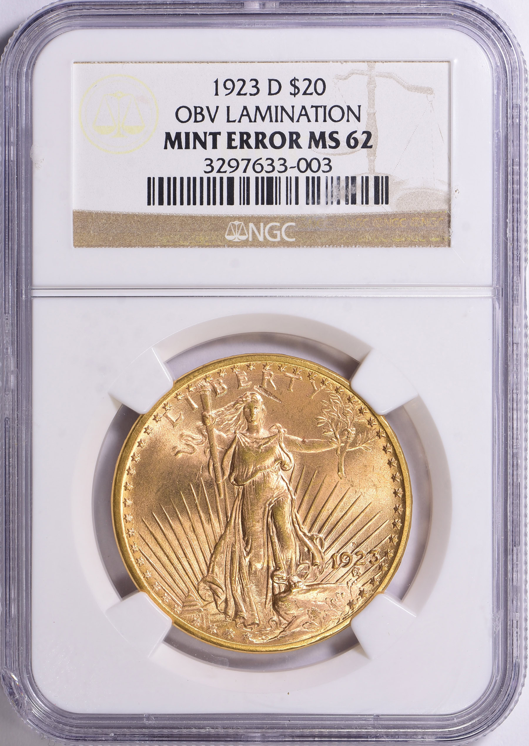 Mint Error 1923-D Saint-Gaudens Gold Double Eagle Obverse Lamination ...