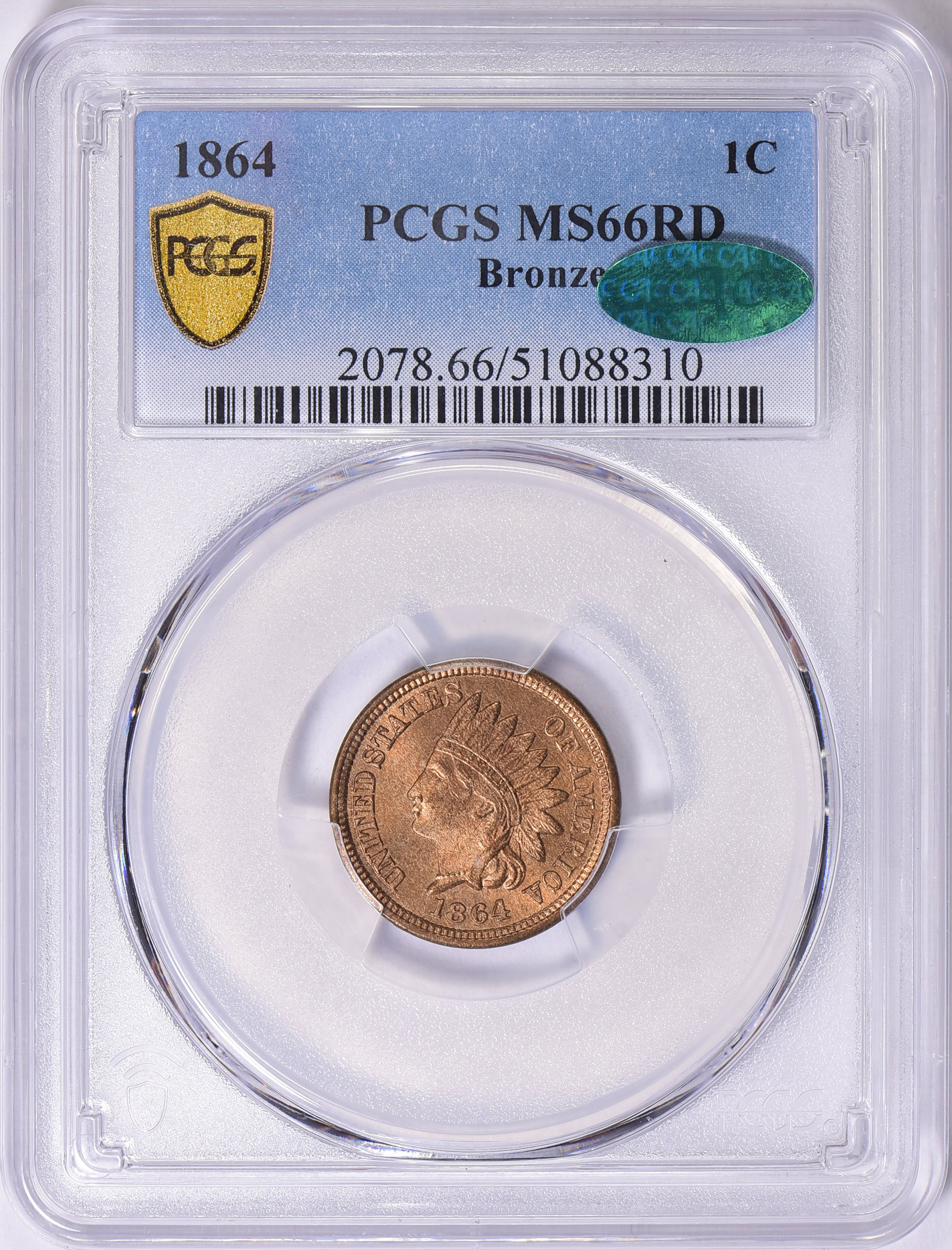 1864 Indian Cent Bronze PCGS MS-66 RD (CAC Green) (Item 1769140) | GreatCollections Coin Auctions