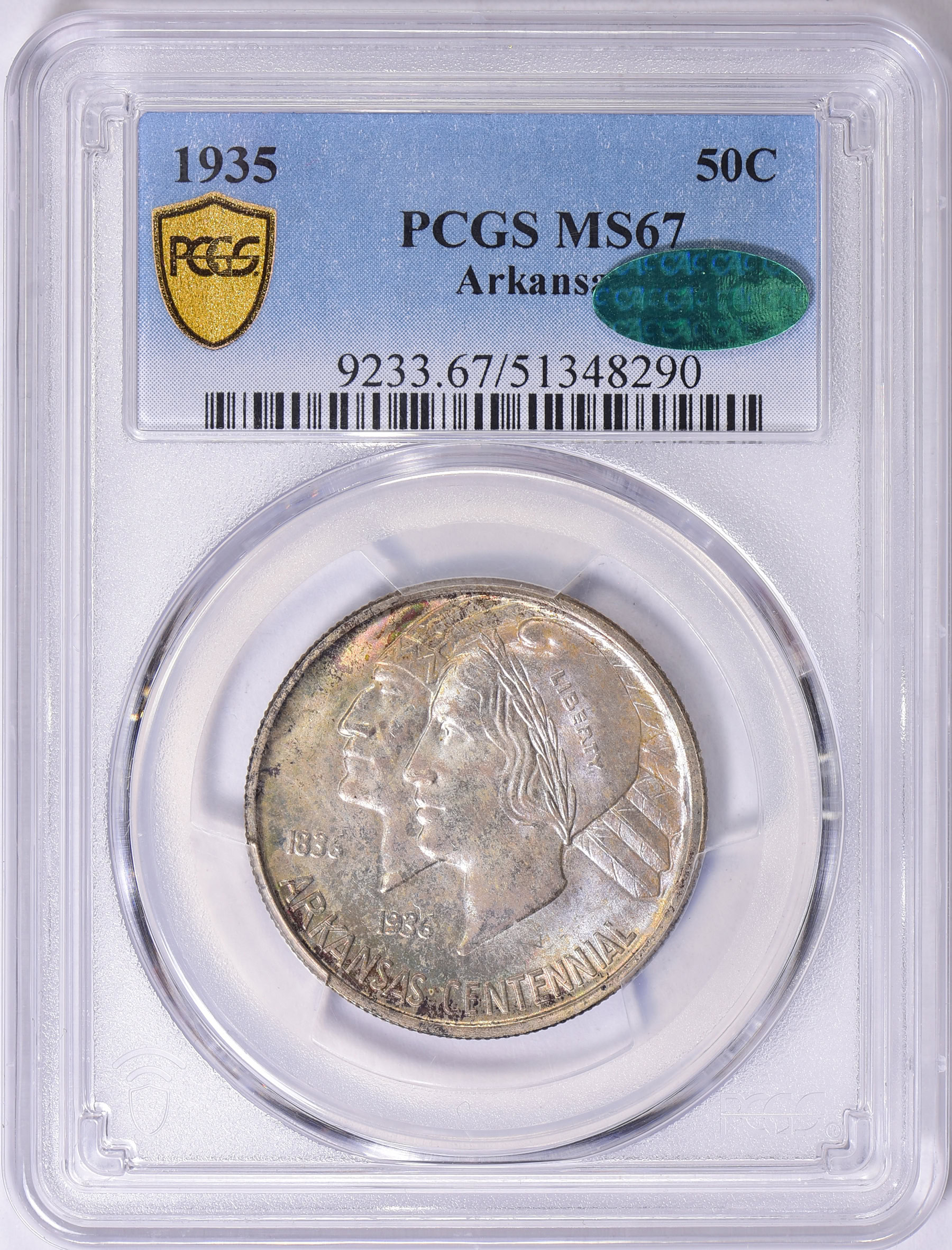 1935 Arkansas Centennial Half Dollar PCGS MS-67 (CAC Green) (Toned ...