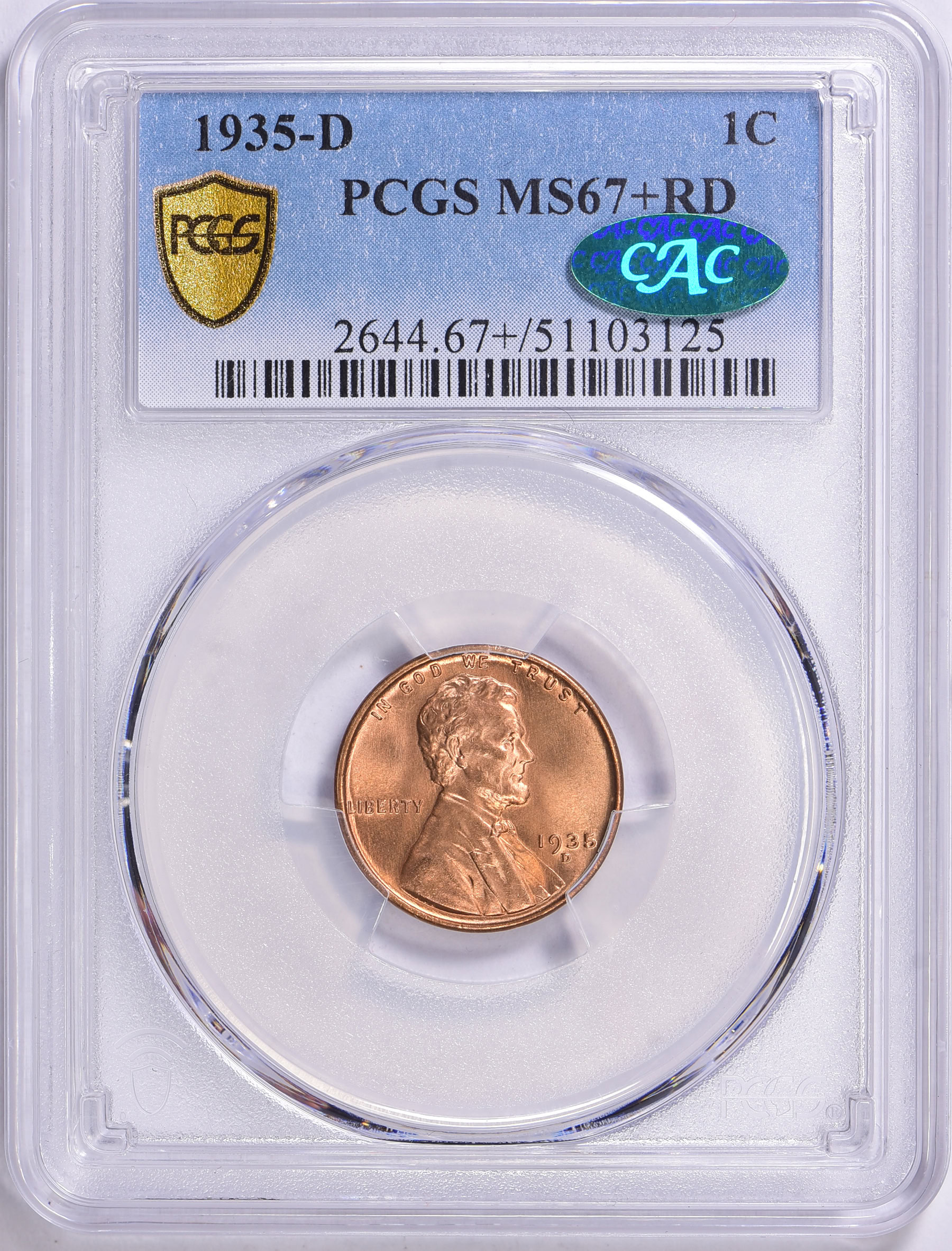 1935-D Lincoln Cent PCGS MS-67+ RD (CAC Green) (Item 1769162) | GreatCollections Coin Auctions