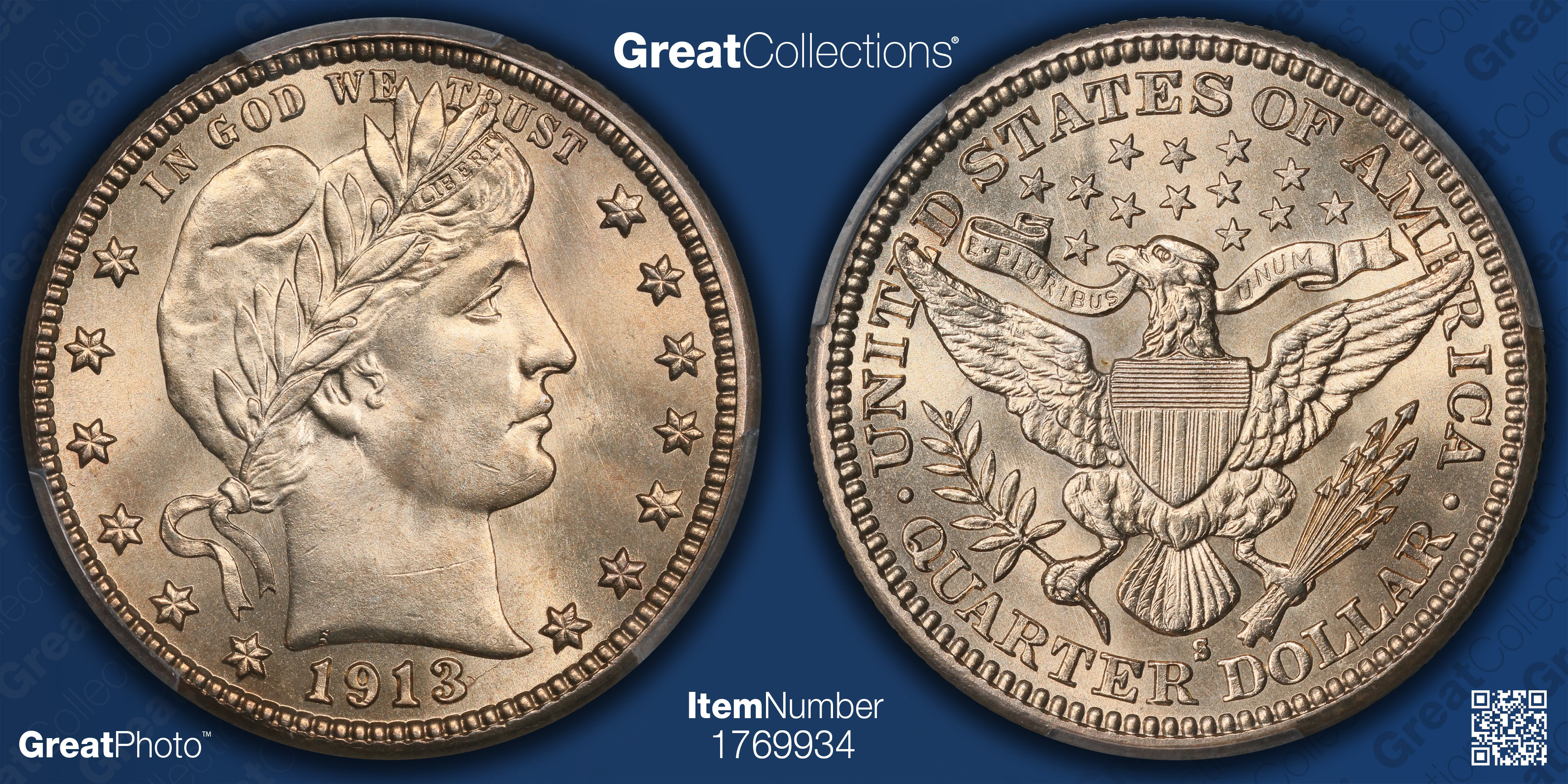 1913-S Barber Quarter PCGS MS-64 (Item 1769934) | GreatCollections Coin ...