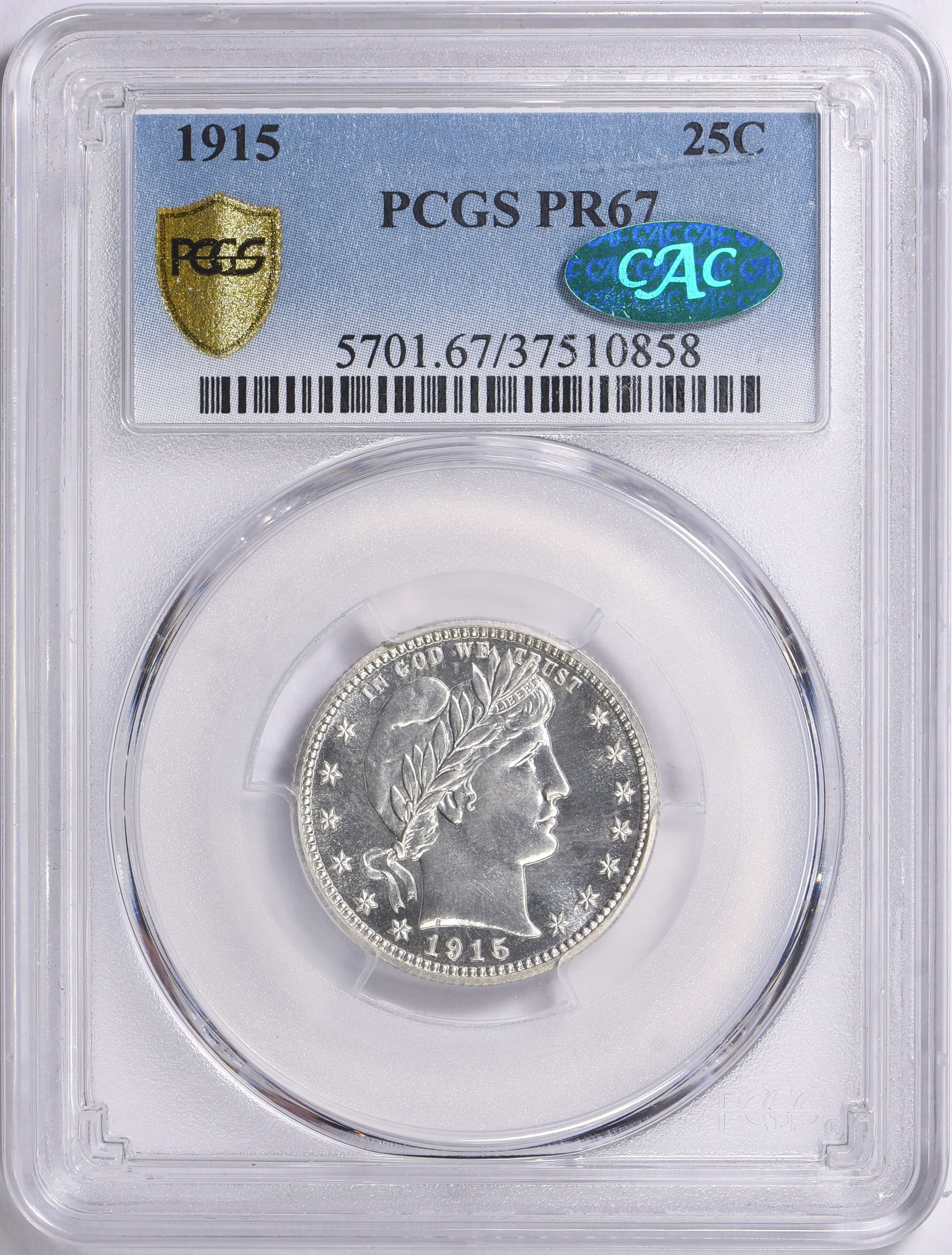 1915 Barber Quarter PCGS Proof-67 (CAC Green) (Item 1769935 ...