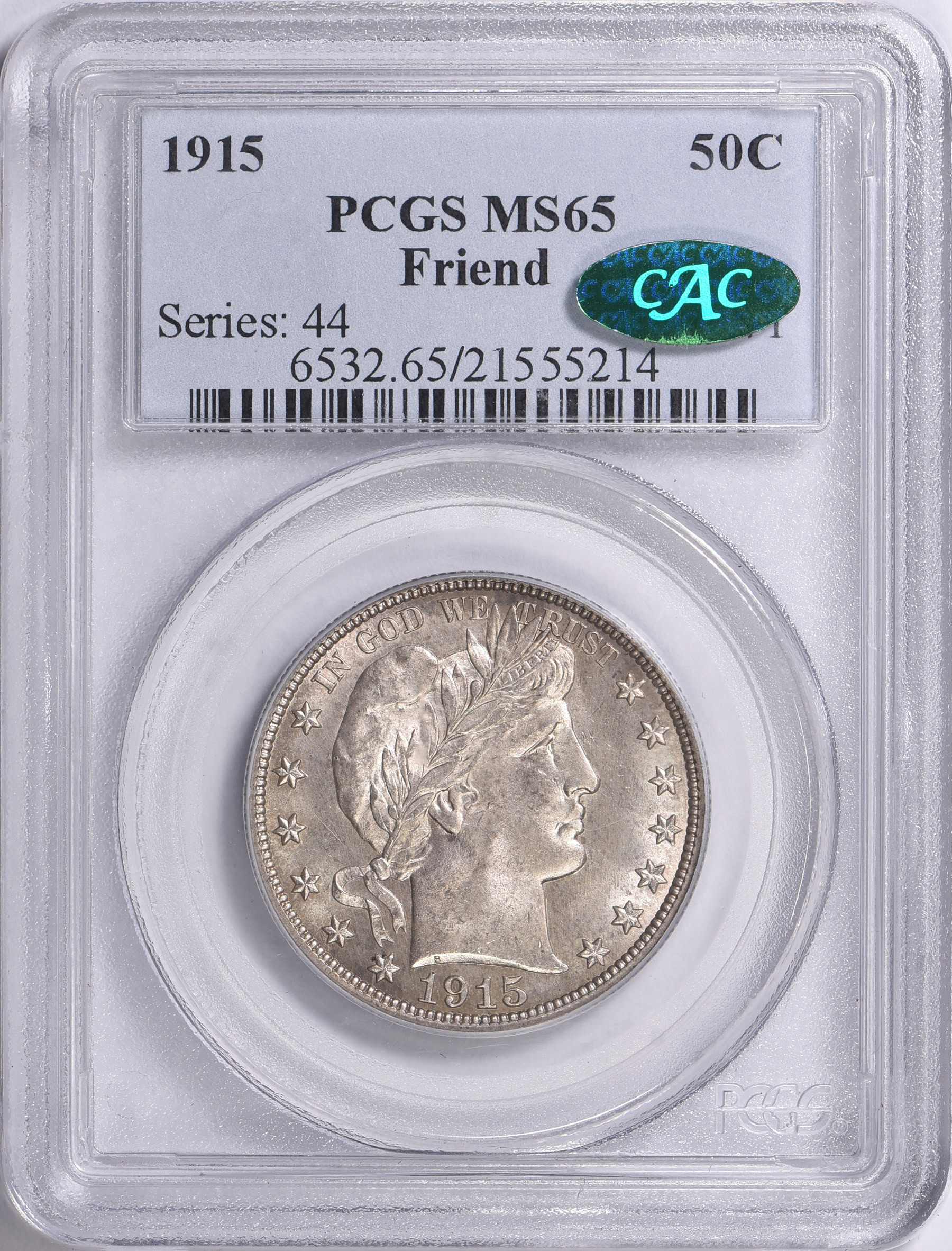 1915 Barber Half Dollar PCGS MS-65 (CAC Green) (Friend Collection) (Item 1769970 ...