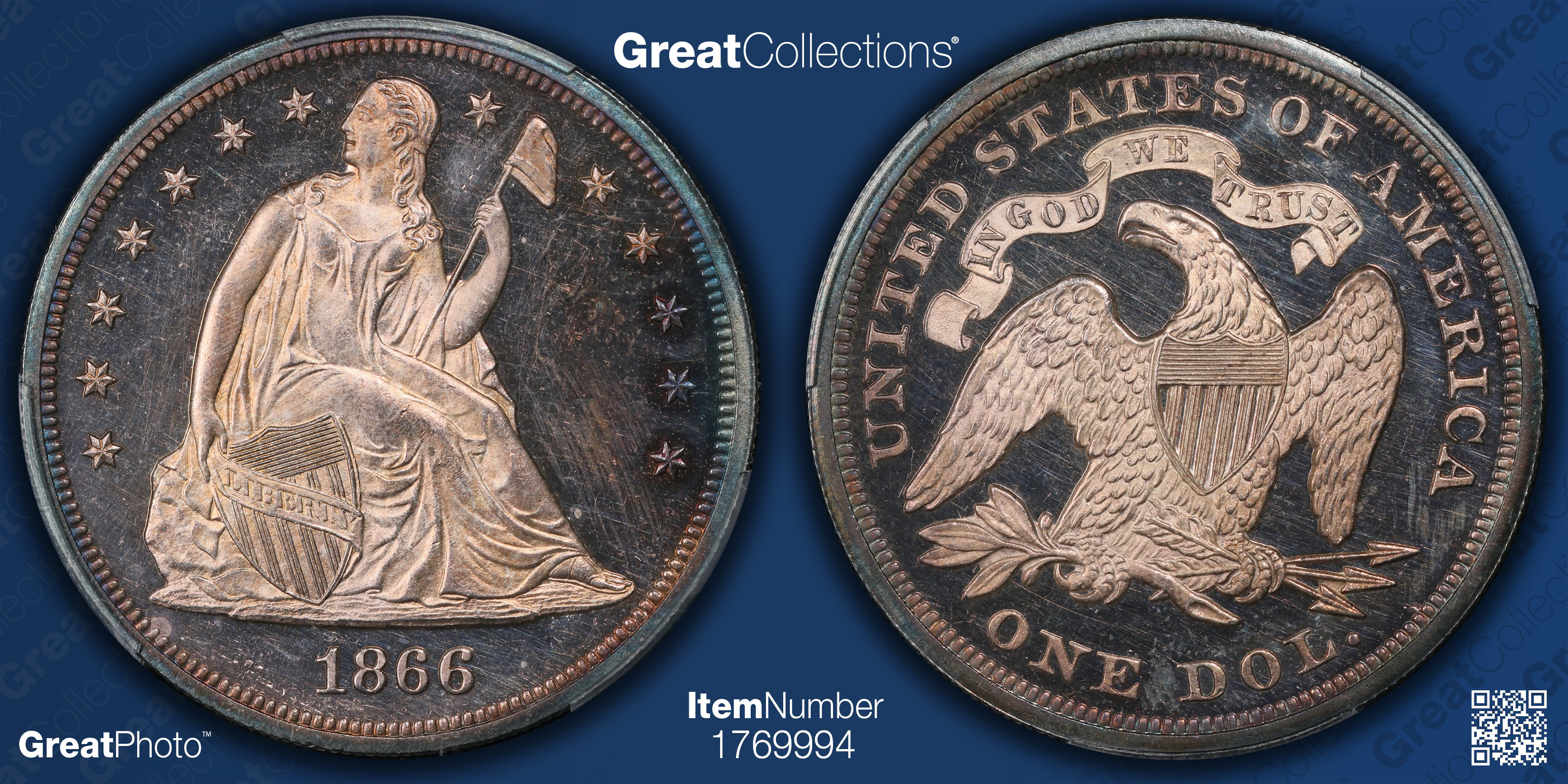 1866 Seated Liberty Silver Dollar Motto PCGS Proof-63 CAMEO (Toned ...