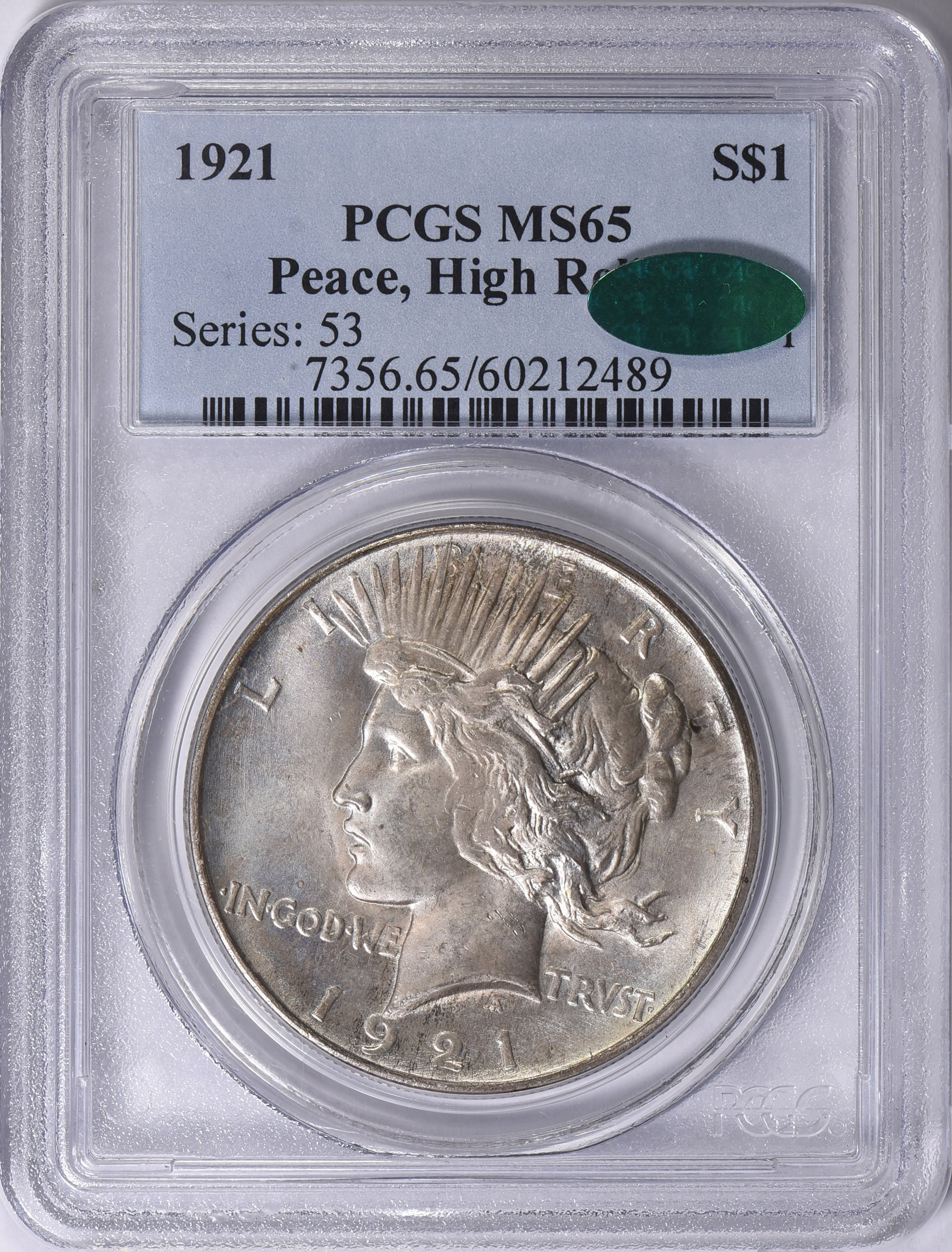 1921 Peace Silver Dollar High Relief PCGS MS-65 (CAC Green) (Toned ...