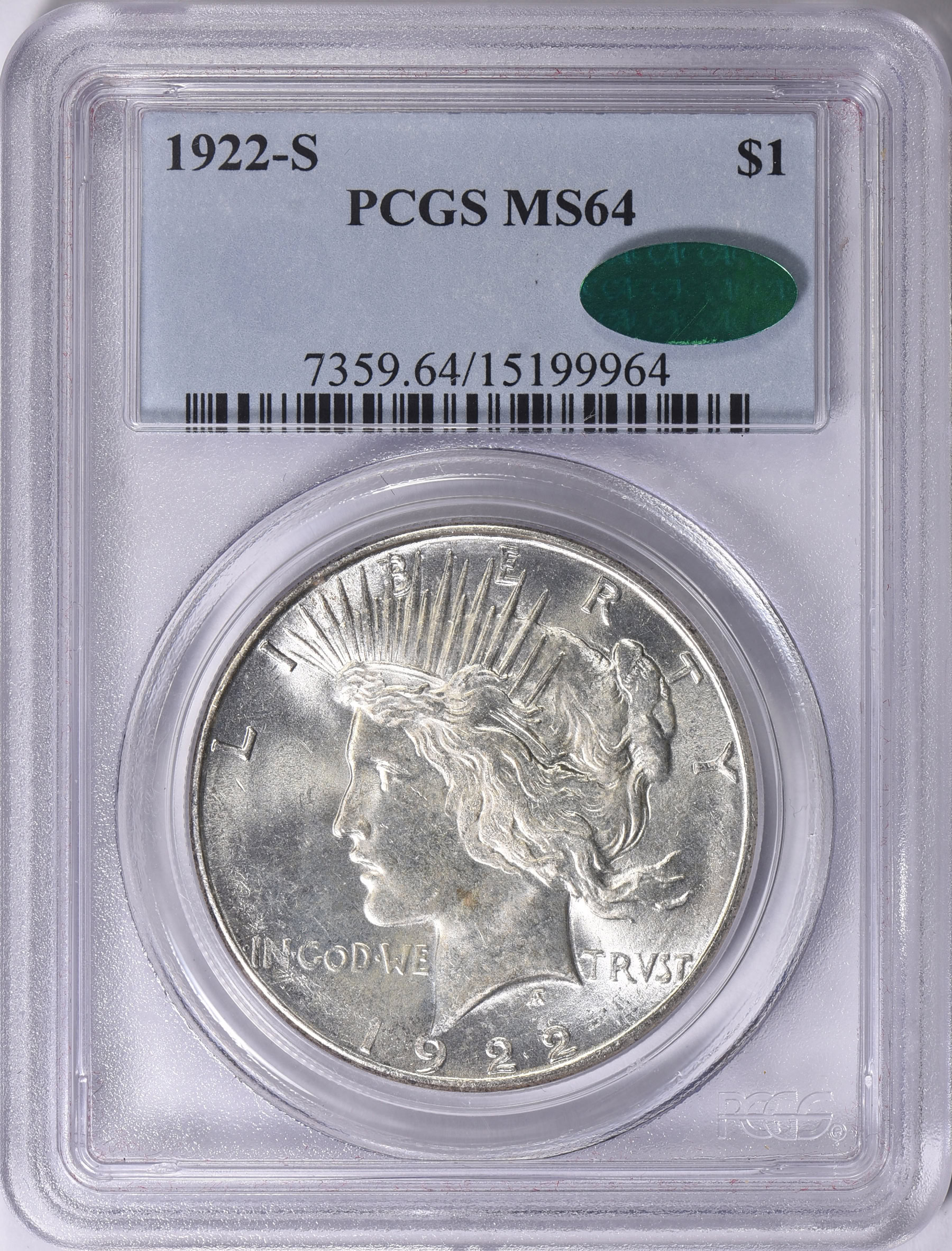 1922-S Peace Silver Dollar PCGS MS-64 (CAC Green) (Item 1770016 ...