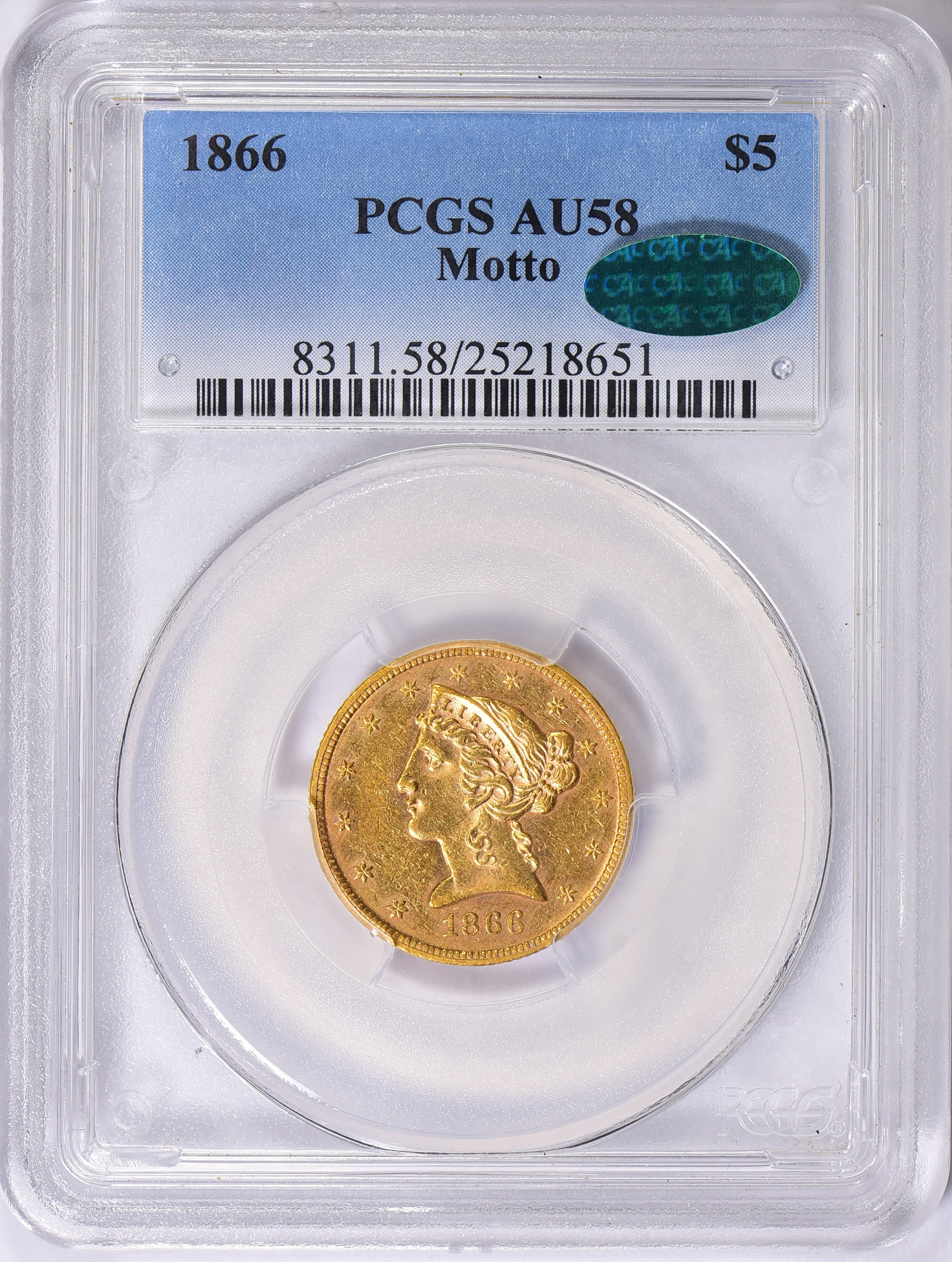 1866 Liberty Gold Half Eagle Motto PCGS AU-58 (CAC Green) (Item 1770034) | GreatCollections Coin ...