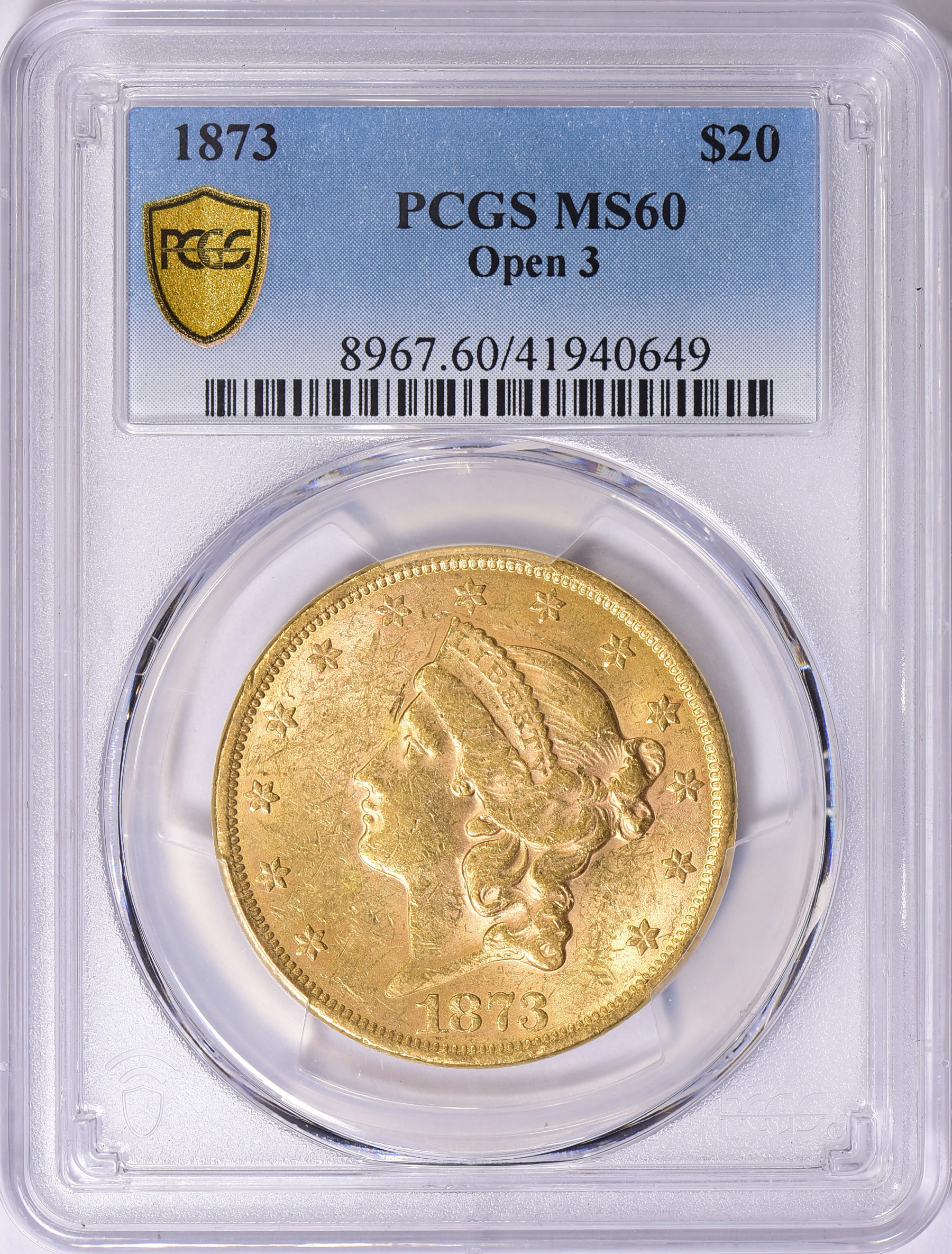 1873 Liberty Gold Double Eagle Open 3 PCGS MS-60 (Item 1770084) | GreatCollections Coin Auctions