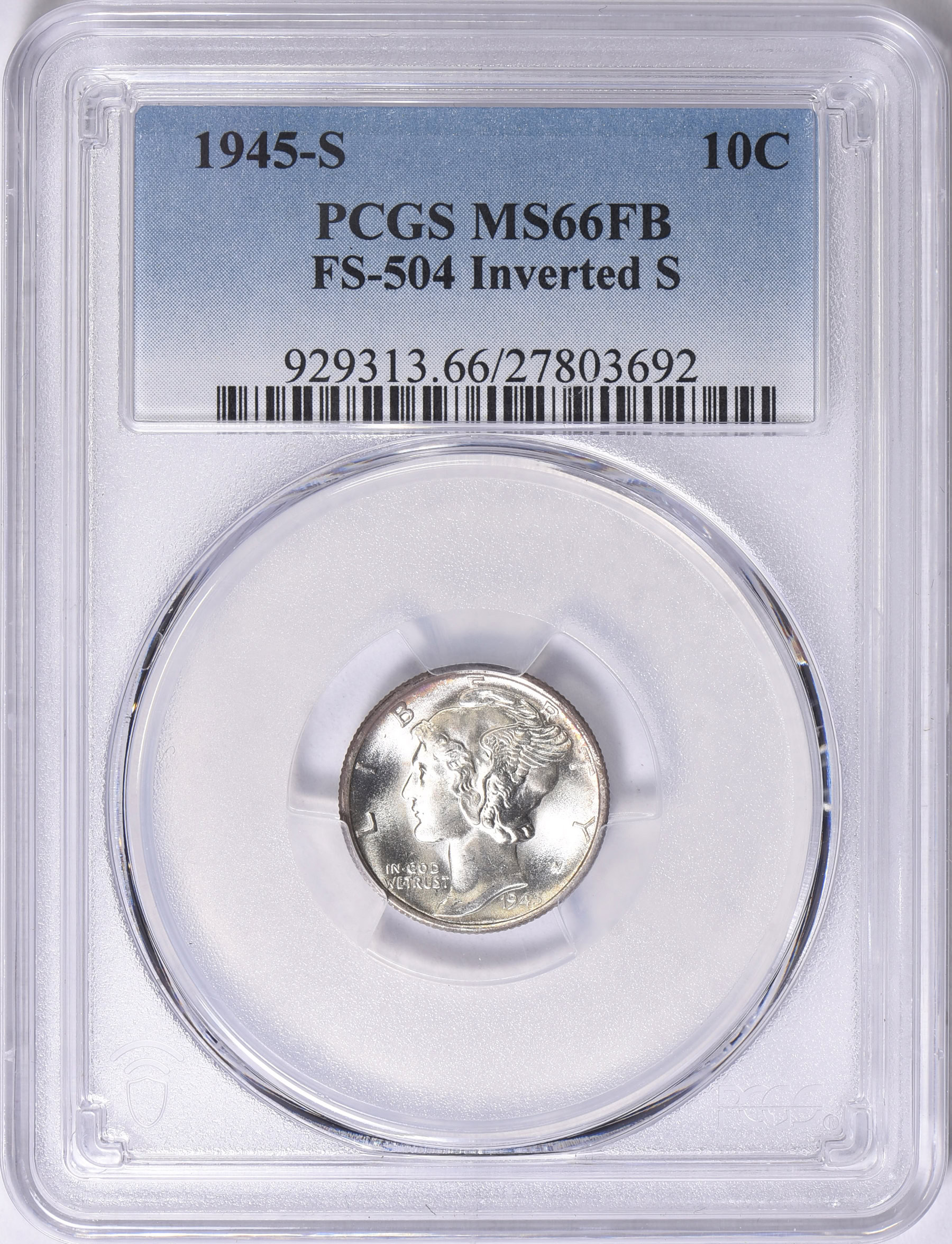 1945-S Mercury Dime Inverted S FS-504 PCGS MS-66 FB | PCGS Cert #27803692 | GreatCollections ...